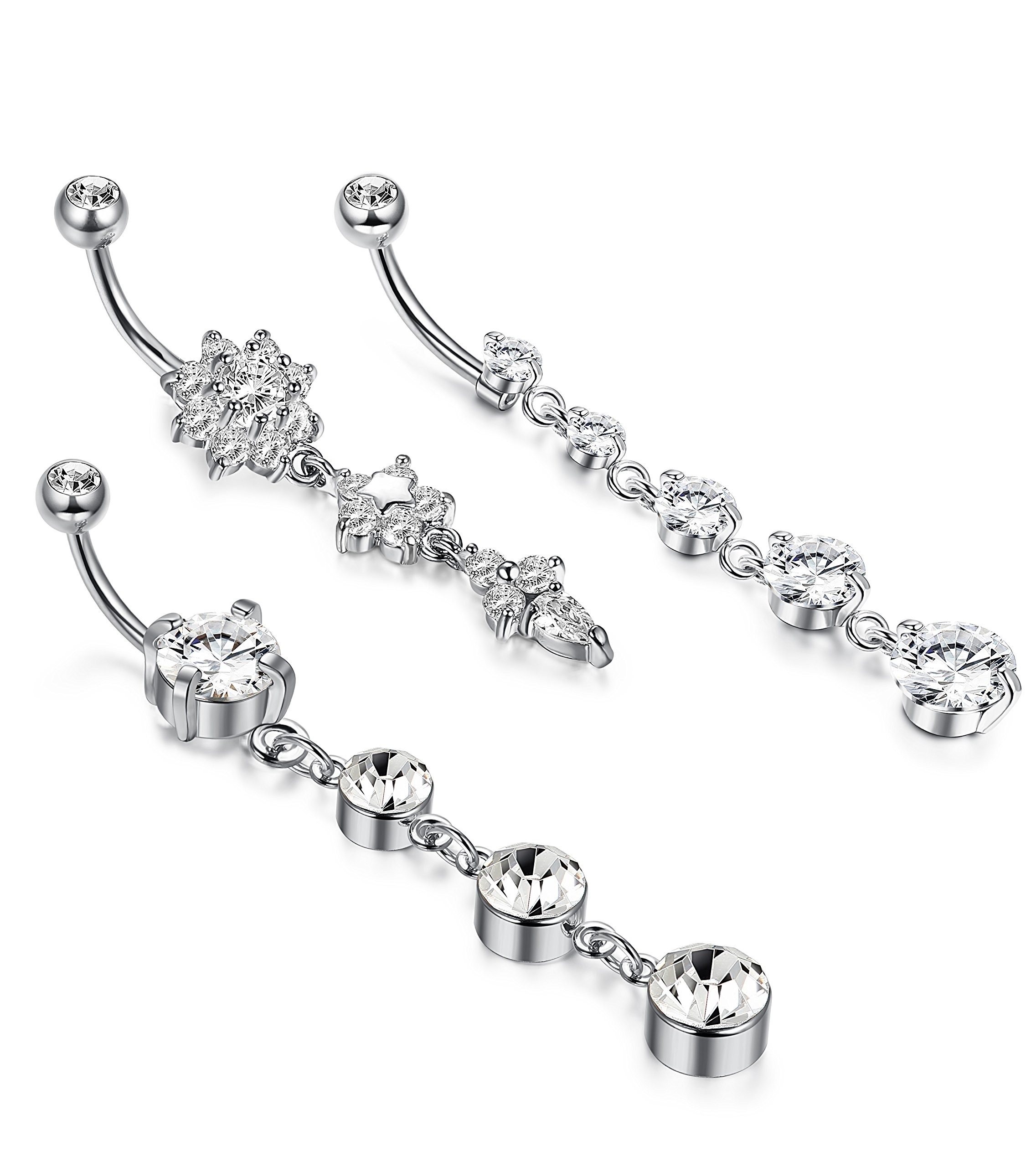 JOERICA 3Pcs 14G 316L Stainless Steel Belly Button Rings for Women Flower CZ Dangle Belly Button Rings Navel Piercing Jewelry