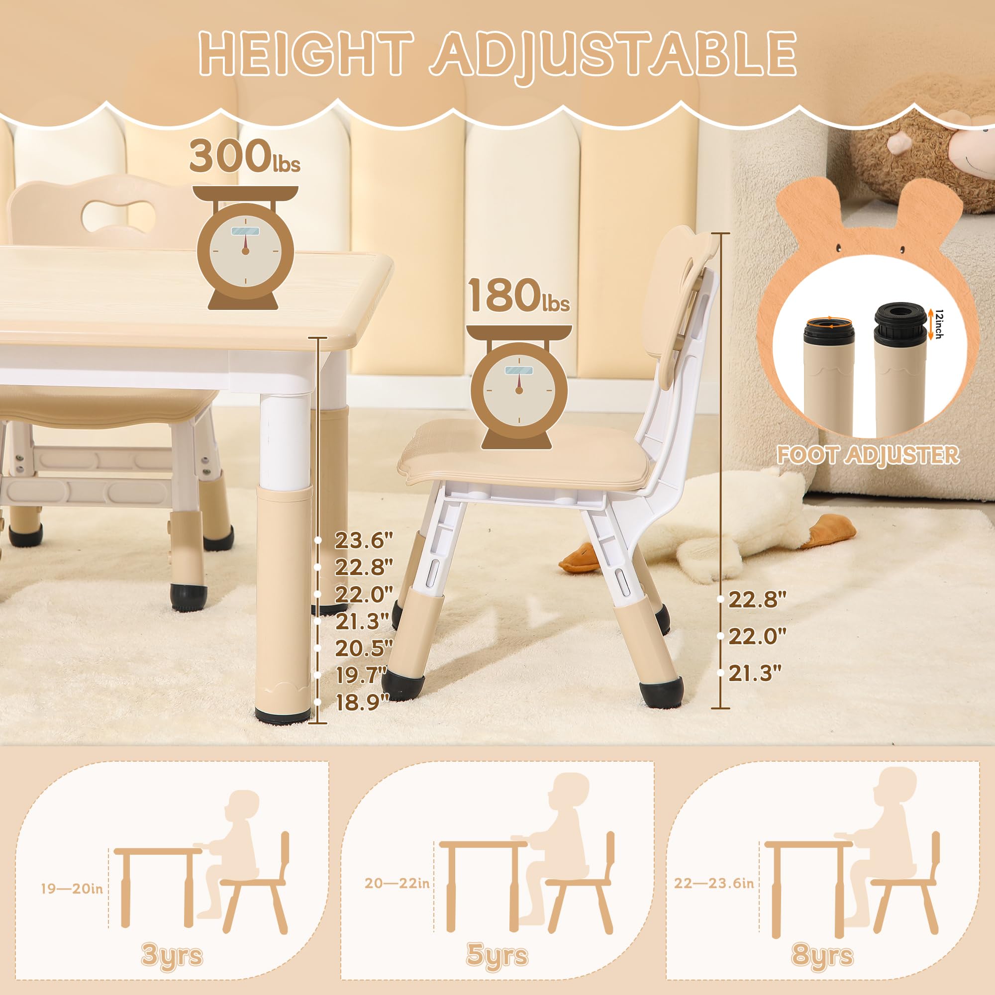 SINKIPA Kids Table and 2 Chairs Set, Height Adjustable Toddler Table and Chairs, Graffiti Desktop Kids Study Table with Anti-Slip Foot Covers, Children Activity Table for Ages 2-10