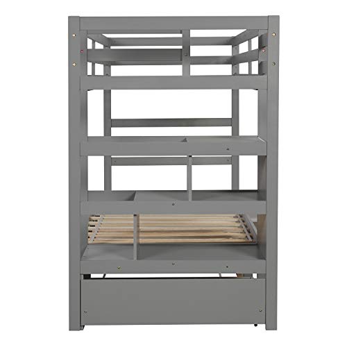 Twin Over Twin/King Bunk Beds with Trundle, New Version Wooden Bunk Beds with Storage Drawers and Stairs, Extendable Pull-Out Bunk Bed, Convertible to Twin Over King Bunk Beds (New, Grey)