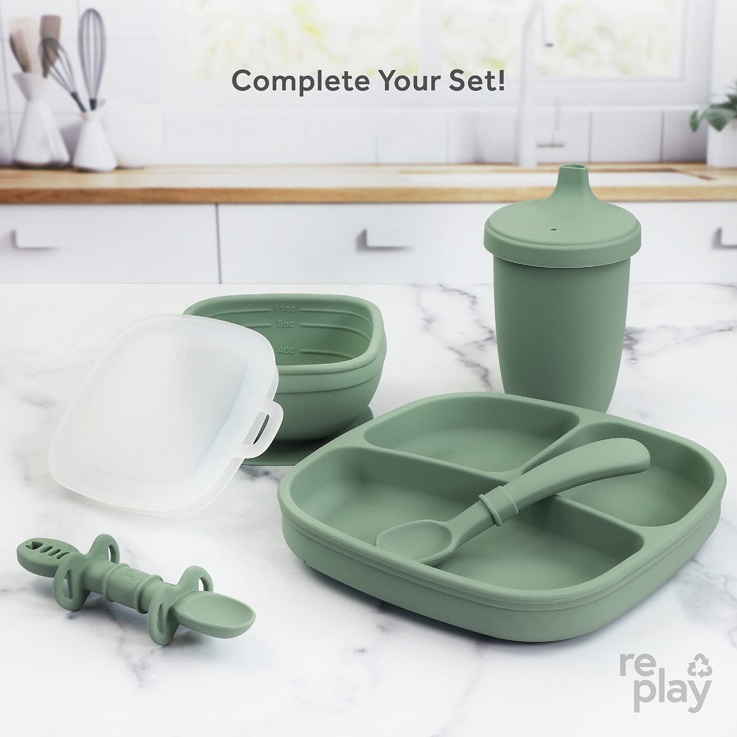 Re-Play Sustainables Silicone Suction Divided Plate with Press In Compartment Lid - Made with Medical-Grade Platinum Silicone - With Lid - Sage