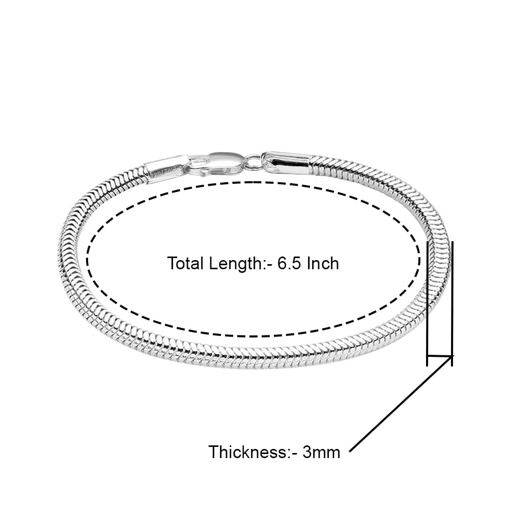 LeCalla Solid 925 Sterling Silver Italian 3 MM Snake-Chain Bracelet for Teen and Women 6.5 Inches
