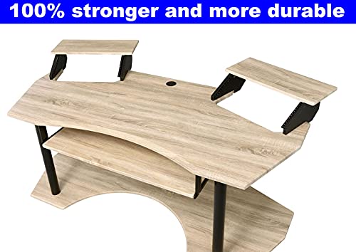 LEEKOUS STERXONE Best Music Recording Studio Desk with Piano Keyboard Tray, Recording Studio Workstation Table with 2 Stands, Bottom Shelf and Wheels, Wooden Home Office Computer Desks (Natural Oak)