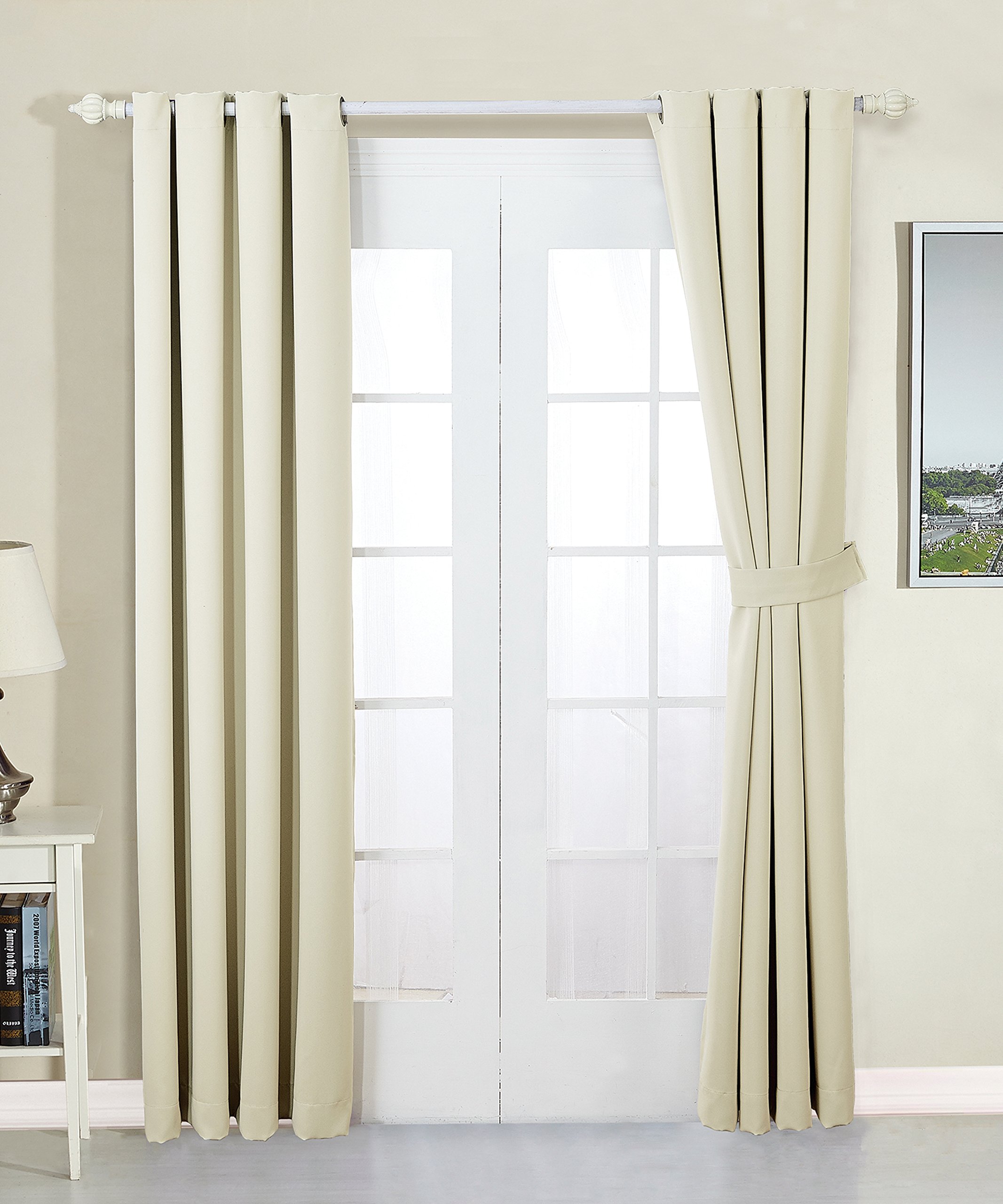 Home Soft Things Serenta 4 Piece Grommet Darkening Thermal Insulated Blackout Window Panel Curtain Set, 2 Curtains and 2 Tiebacks, 54" x 63", Beige