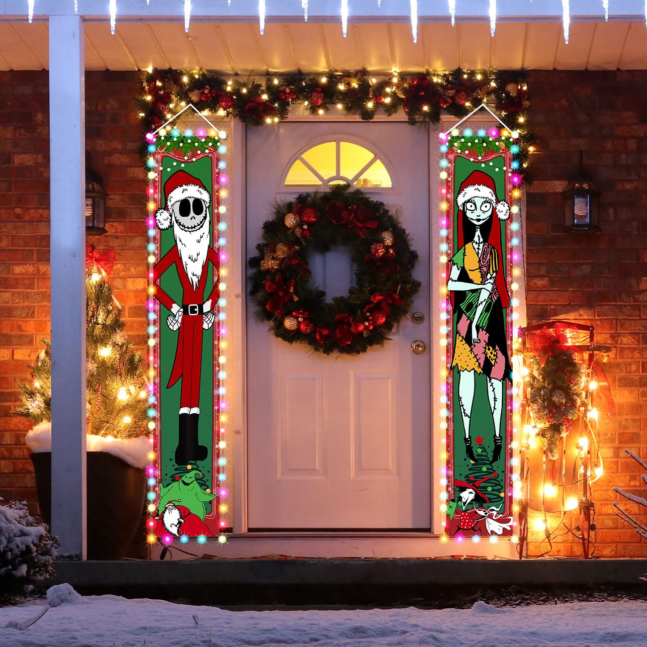 Jack Skellington Sally Christmas Porch Signs with 2 Light Strings Welcome Door Sign for Home Outdoor Indoor Holiday Party Decor