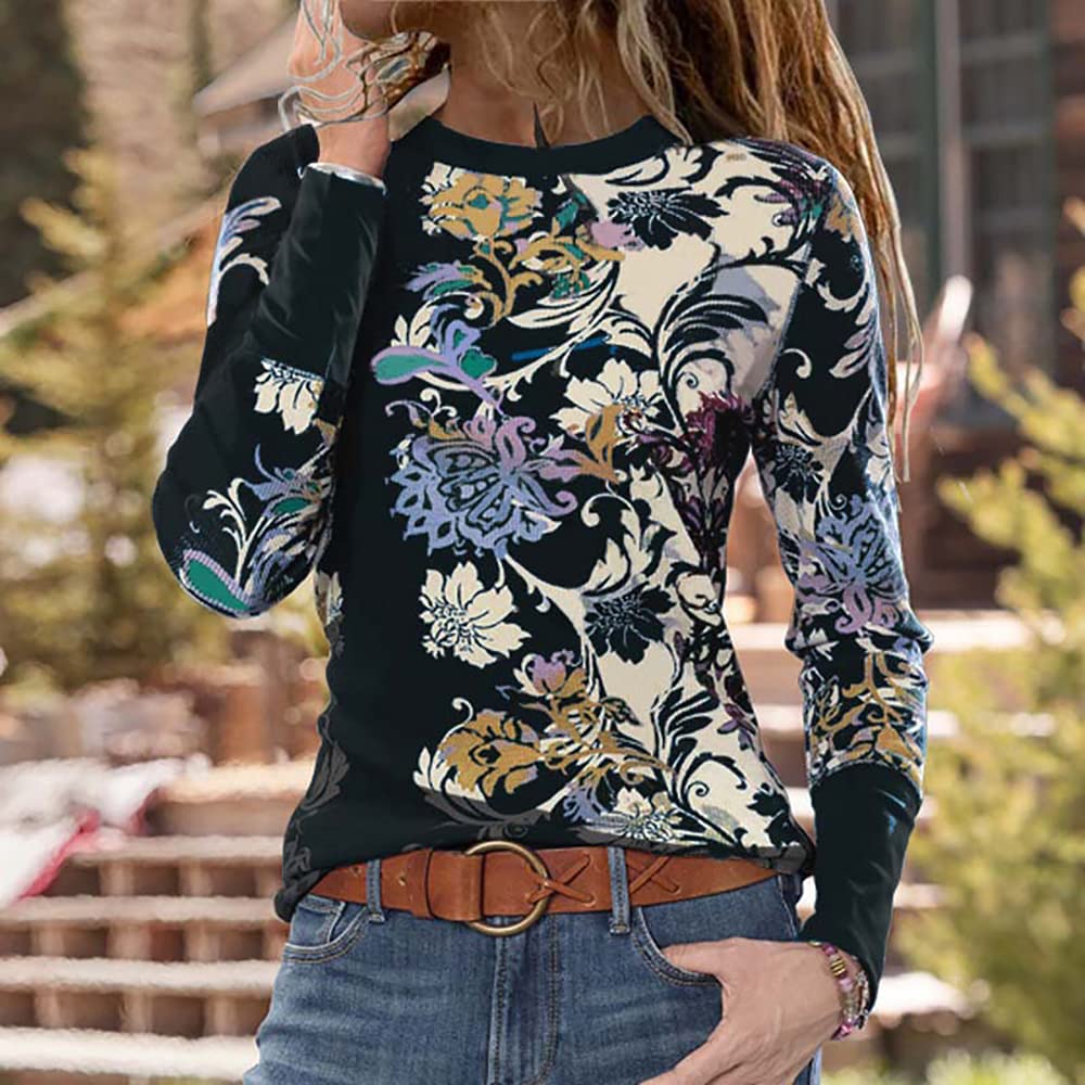 Mayntop Womens Tops Shirt Ethnic Boho Tribal Flower Floral Leaves Pattern Graphic Print Long Sleeve Plus Size Crew Neck Blouse(A Black,L)