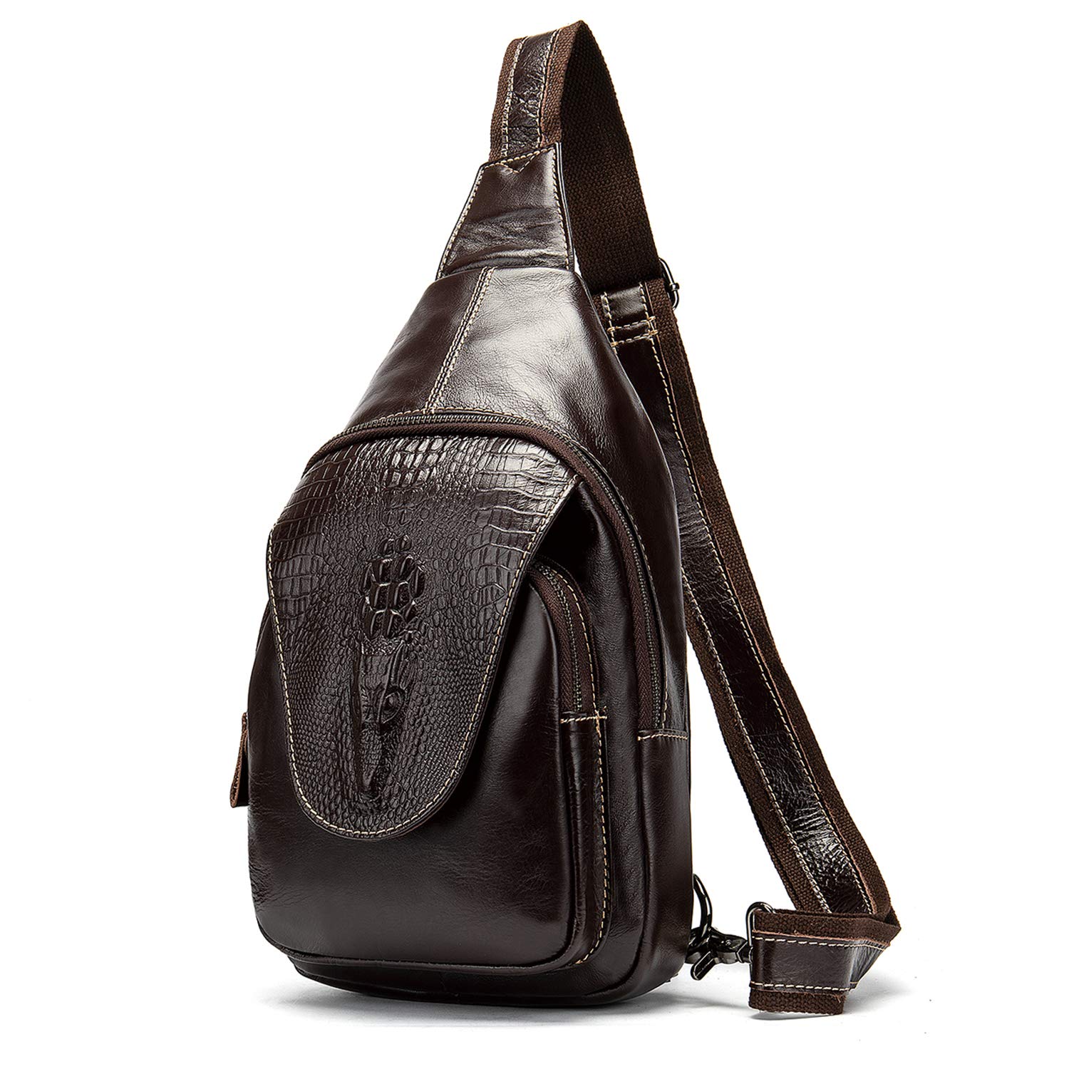 NIUCUNZH Handmade Genuine Leather Crossbody Sling Bag Crocodile Embossing Chest Bag Waterproof Shoulder Bag Brown
