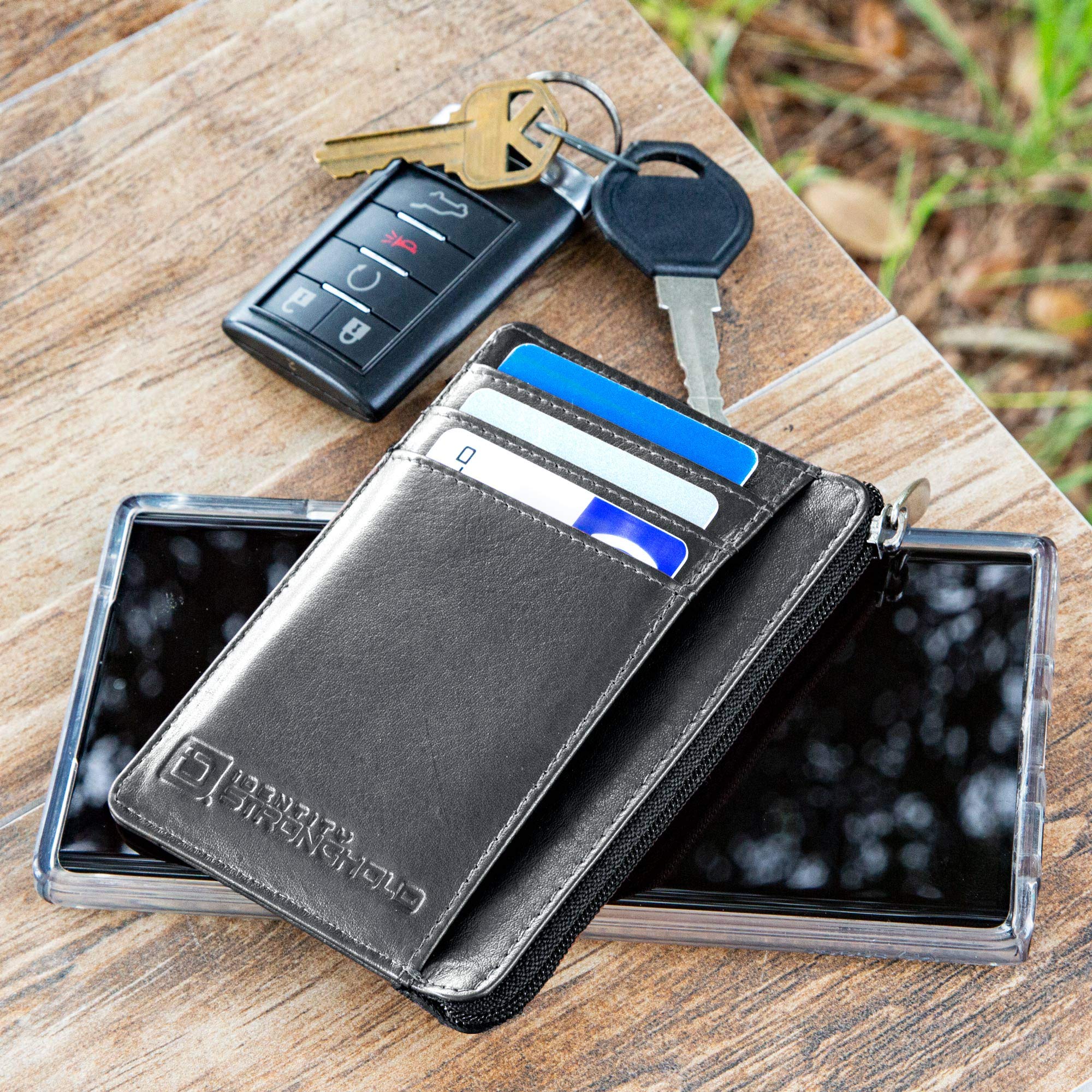ID STRONGHOLD RFID Front Pocket Wallet Mini Minimalist Wallet Slim Wallet Genuine Leather with Zipper , Black , Small