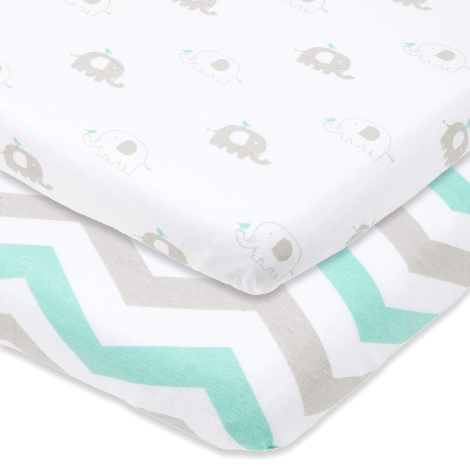 Joey + Joan Bassinet Fitted Sheets 19" x 32" for Cowiewie Bedside Sleeper Bassinet Mattress Pad – Snuggly Soft 100% Jersey Cotton – Grey, Mint – 2 Pack