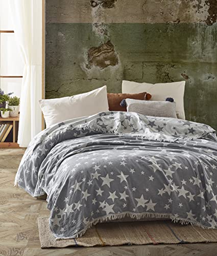 W Wellstil Astral | 2-Layer Muslin Blanket • King Size Turkish Cotton Blanket • Cozy Jacquard Woven Bedspread • Vintage Boho Throw Blankets for Sofa, Couch • Breathable Blanket 82x95 inches(Gray)