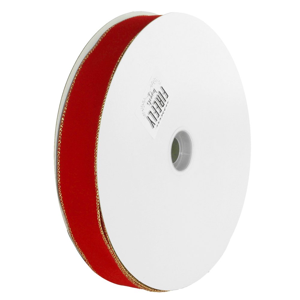 Homeford Velvet Gold Trim Christmas Ribbon Wired Edge, 1-1/2-Inch, 50-Yard, Red