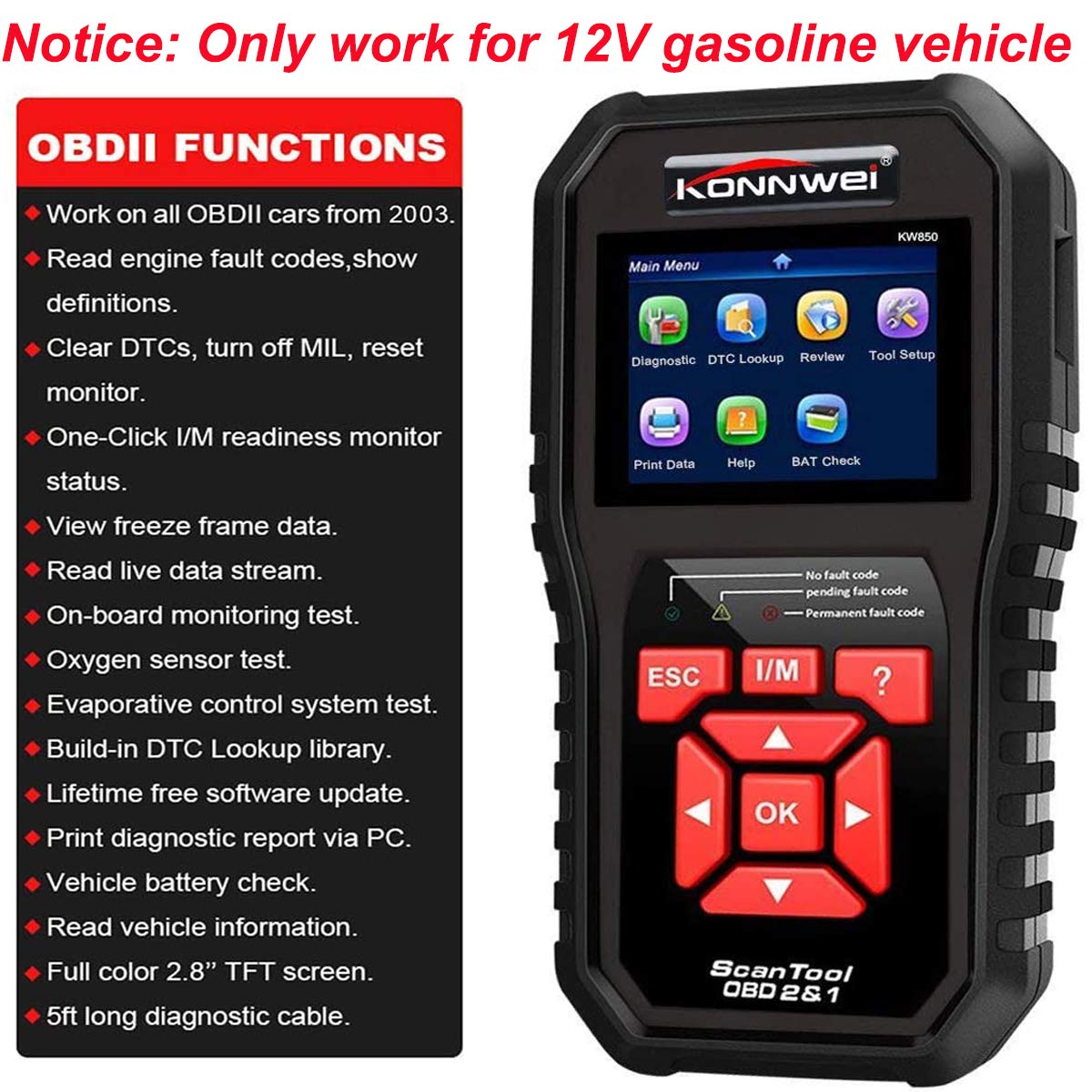 KONNWEI Auto OBD2 Scanner Professional Car OBD II Scanner Diagnostic Fault Automotive Code Reader Check Engine Light EOBD Scan Tool for All OBDII Protocol Cars Since 1996(KW850) Black