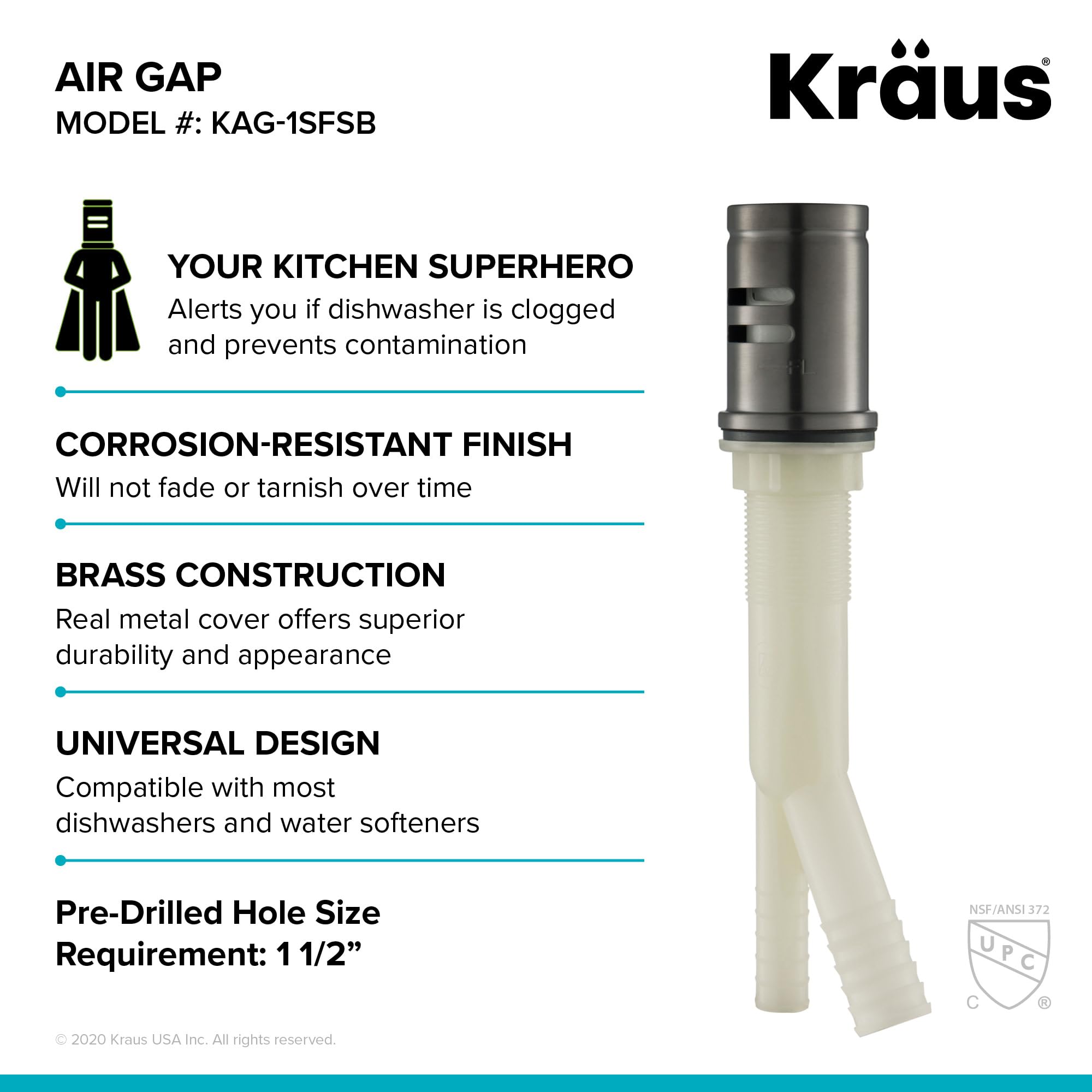 KRAUS Dishwasher Air Gap in Spot Free All-Brite⢠Stainless Steel, KAG-1SFS