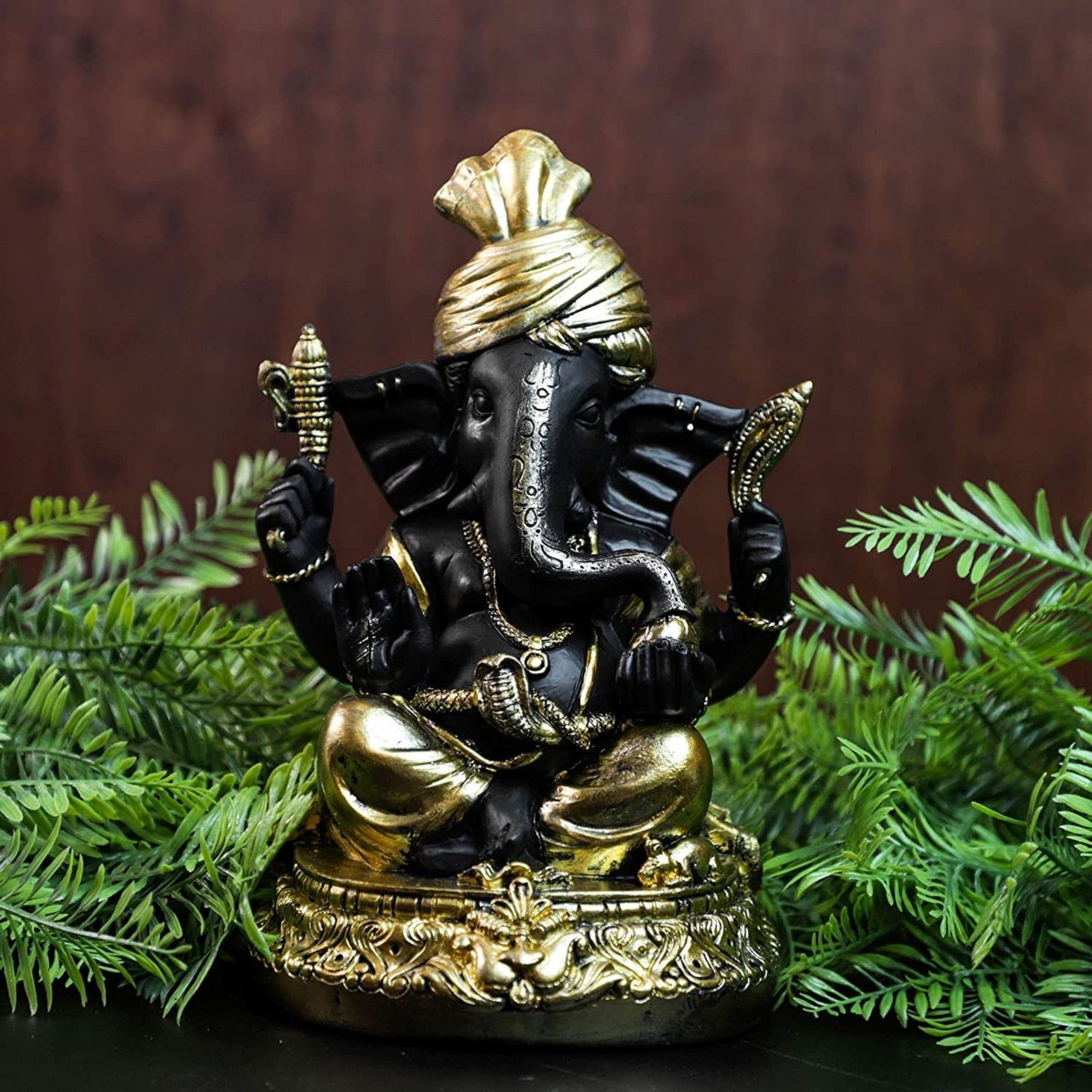 Juvale Meditating Elephant Ganesha Statue for Home and Garden (Black and Gold, 9 in)