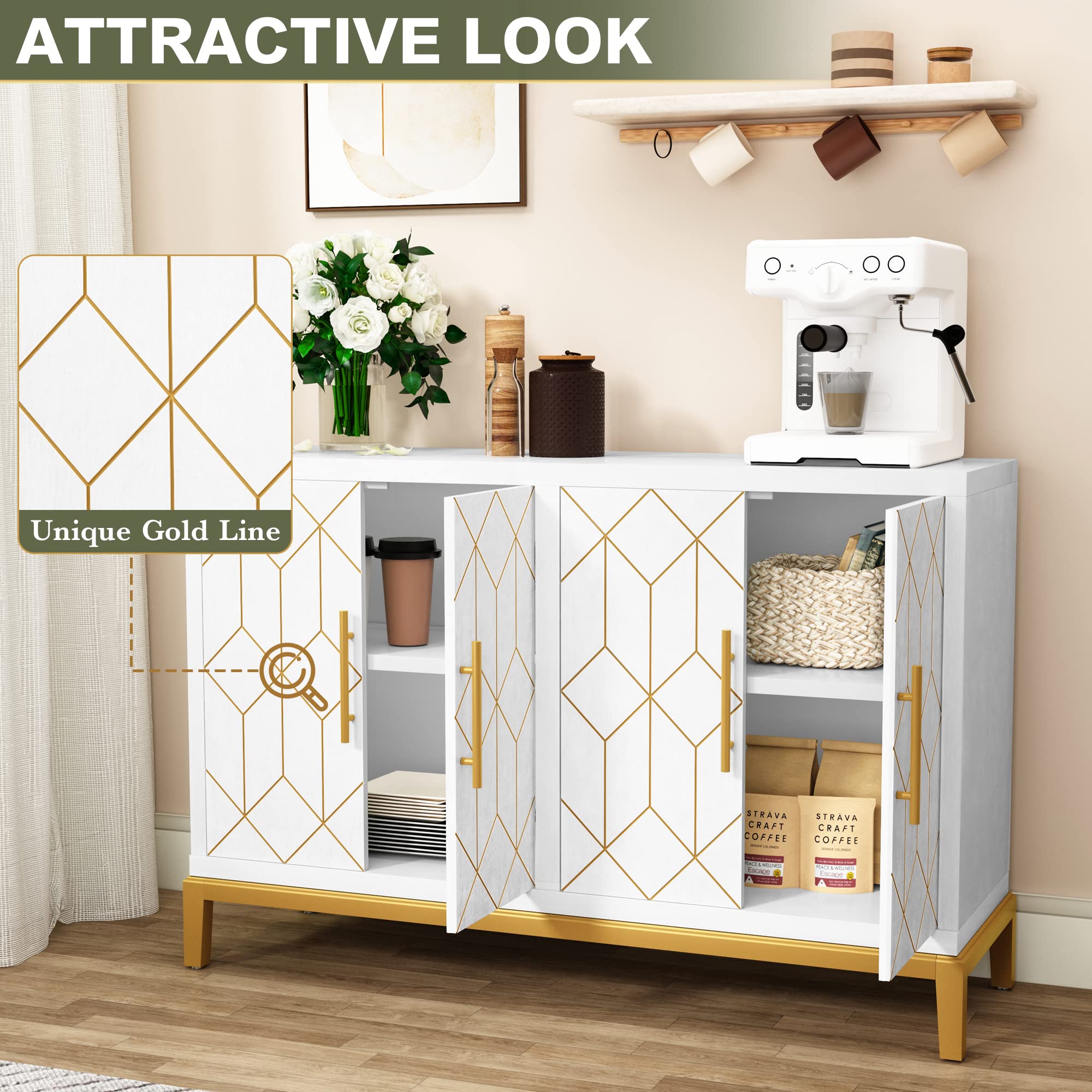 HLR Accent Cabinet with 4 Doors and Shelves, Sideboard Buffet Cabinet with Gold Lines, Modern Credenza Storage Decorative Cabinet for Living Room, Entryway, Kitchen, Dining Room, White