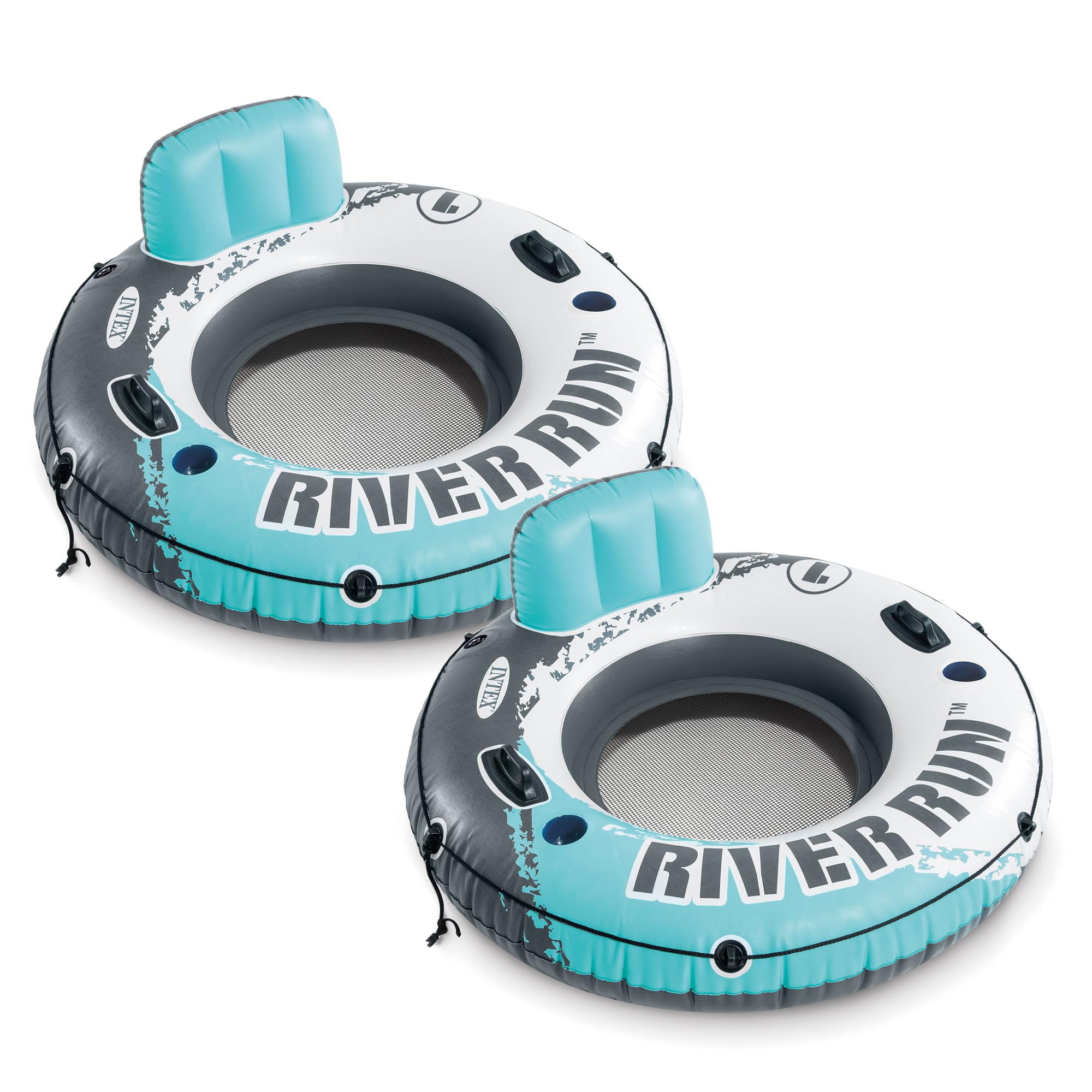 Intex 56825EP River Run 1 Inflatable Floating Lounge: Backrest â Built-in Cup Holders â Grab Handles â Grab Rope â 220lb Capacity â Color May Vary (2 Pack)
