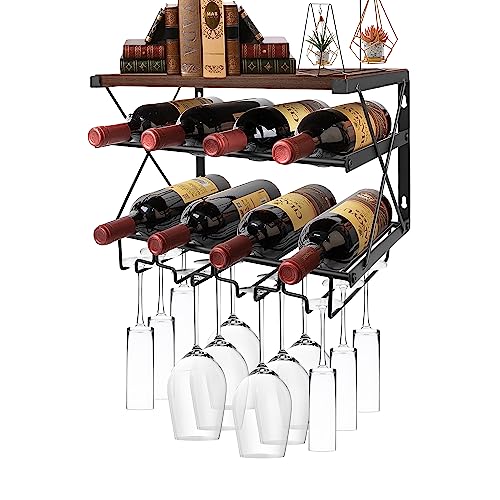 OOir onOO Wall Mounted Wine Rack - Wood Rustic Wine Bottle Glass Floating Shelves Holds with Stemware Rack, 8 x Glasses and 11 xWine Bottles for Kitchen,Dining Room,Bar,15 Inch(Black)
