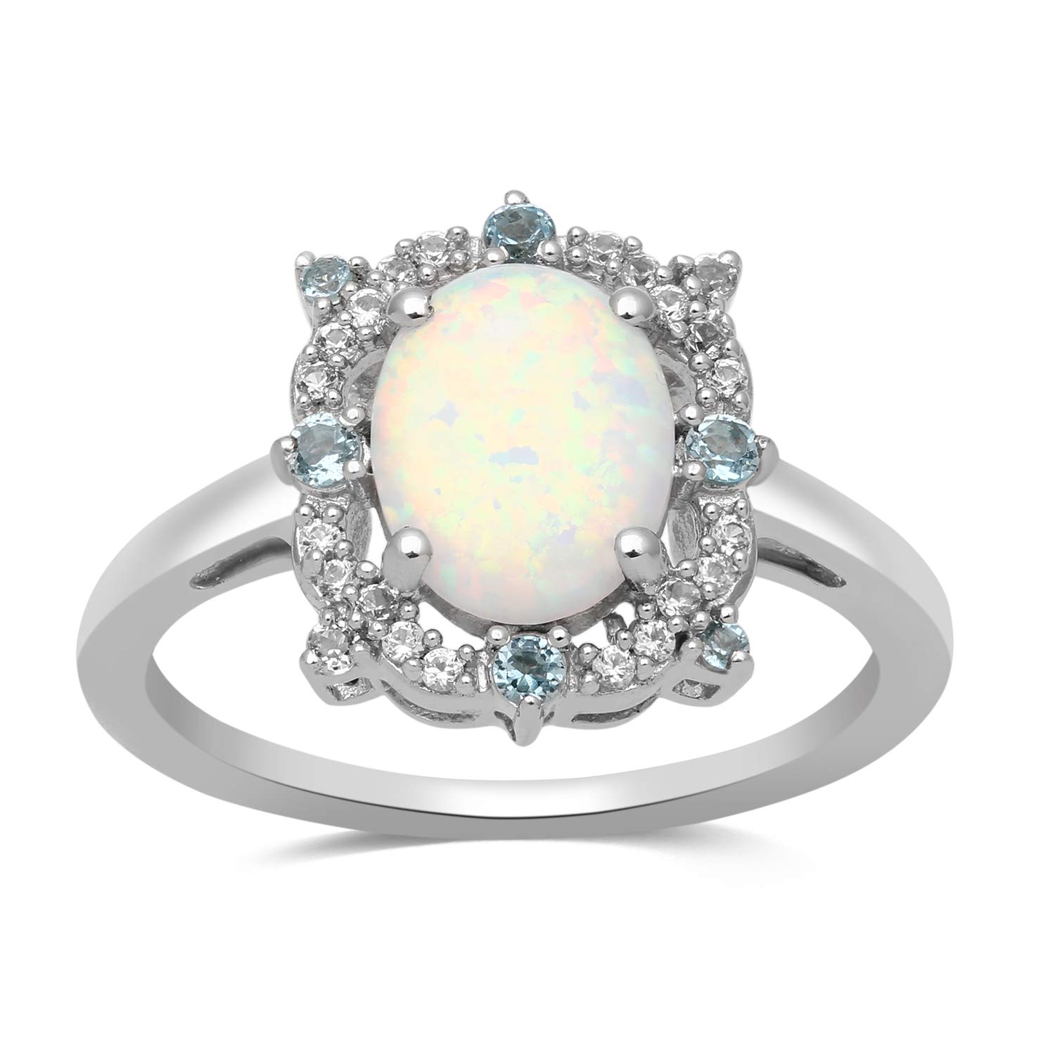 Jewelili Halo Ring in Sterling Silver with Oval Shape Created Opal, Round Swiss Blue Topaz and Created White Sapphire, Size 7