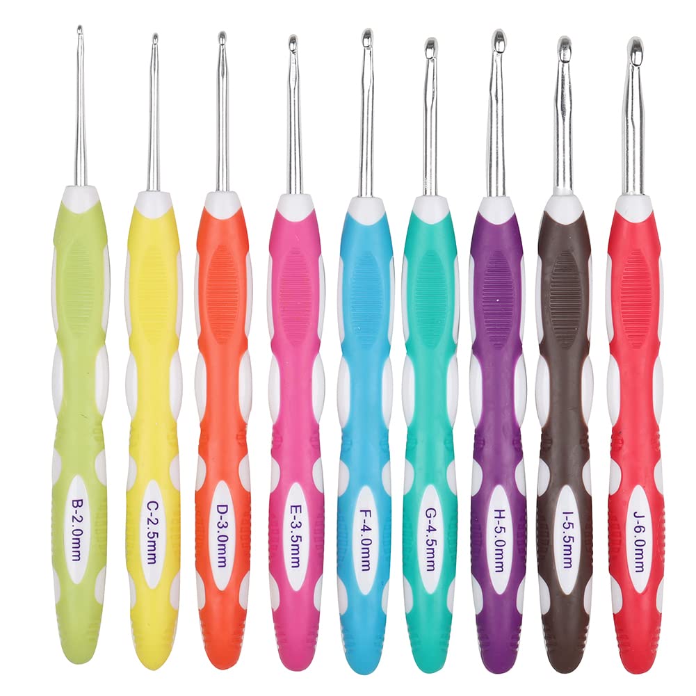 Katech 9 pcs Different Sizes Crochet Hooks (2.0mm - 6.0mm) Ergonomic Non-Slip Handle Crochet Needles Set Kit DIY Craft Yarn Weaving Tool for Beginners and Crochet Lovers to Make Bag, Socks and Hats
