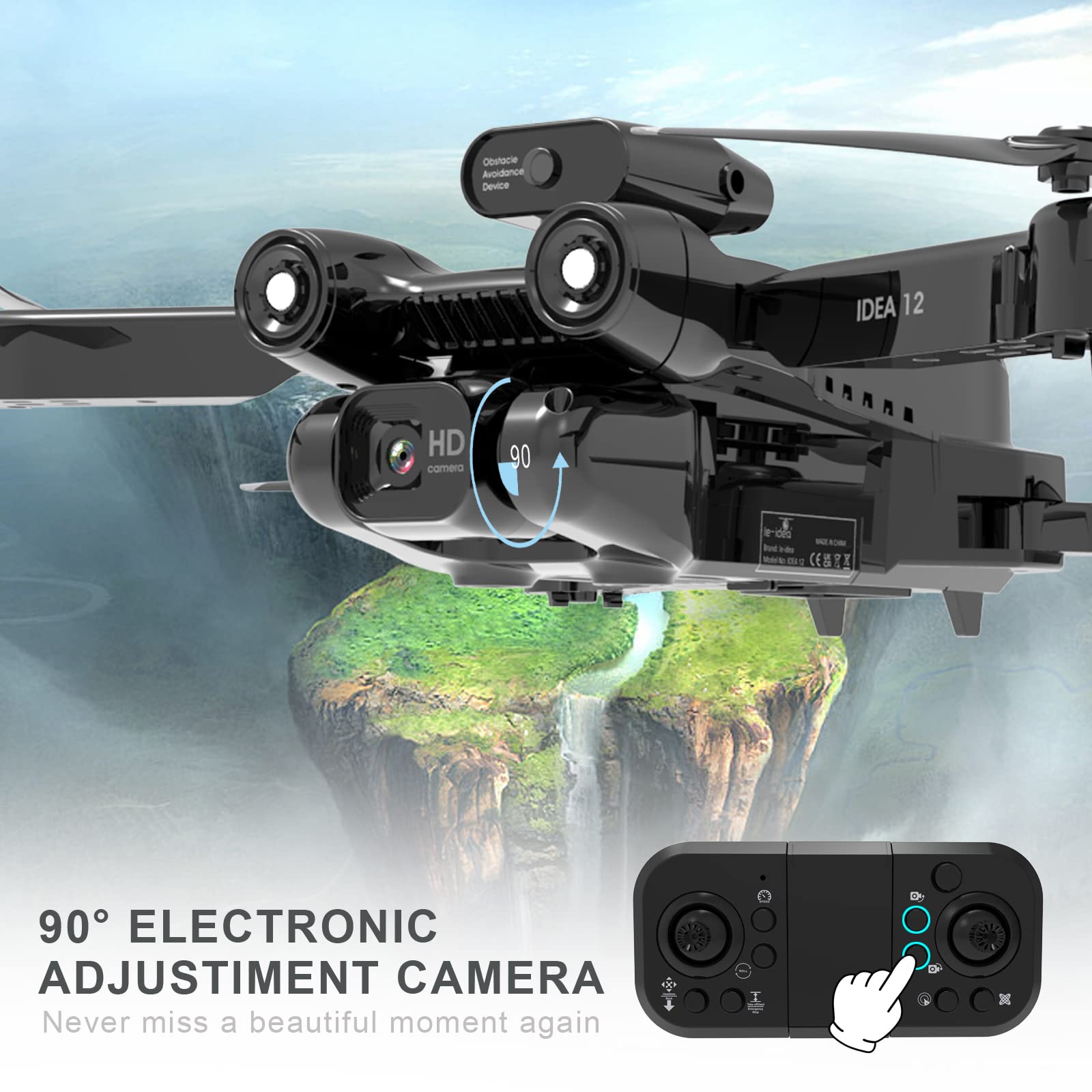 IDEA12 Mini Drones with 1080P HD Camera for Adults and Beginners, Foldable FPV RC Drone Quadcopter with 360° Active Obstacle Avoidance, Dual Cameras, 2 Batteries Helicopters Gifts