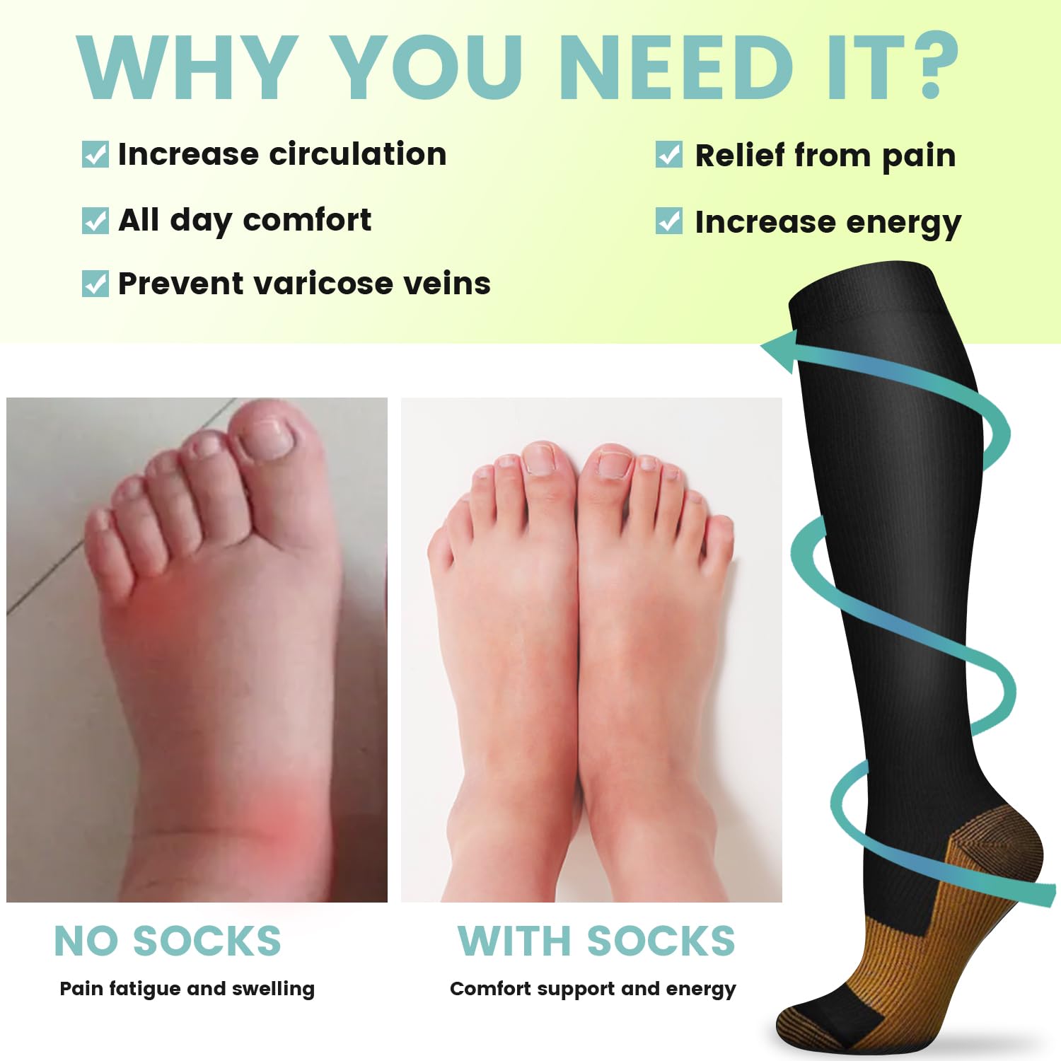 Iseasoo Copper Knee High Compression Socks For Men & Women - Best For Running,Athletic,Medical,Pregnancy and Travel -15-20mmHg (L/XL, Black)