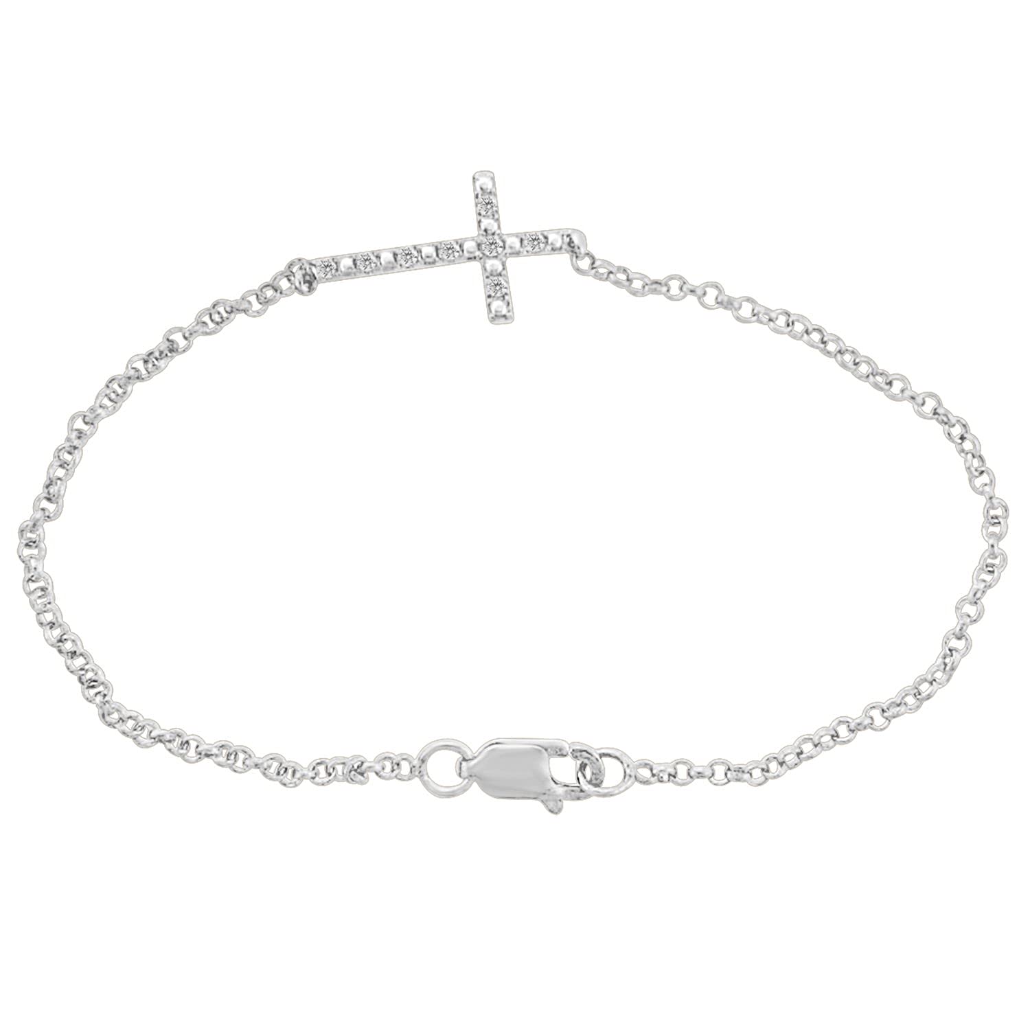 Jewelili Sterling Silver Natural White Round Diamonds Sideways Cross Bracelet
