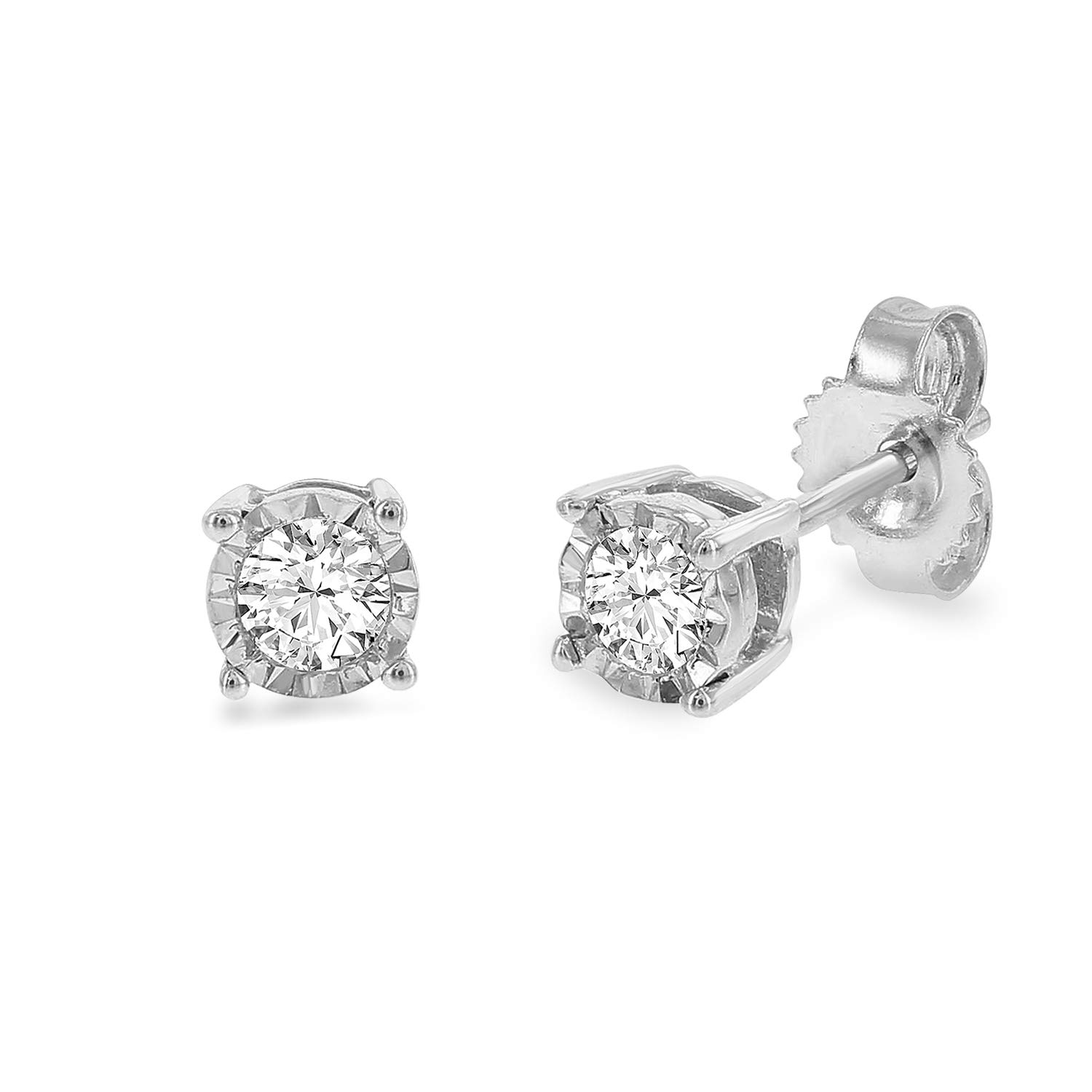Jewelili Stud Earrings in 10K White Gold with Round Diamonds 1/5 CTTW