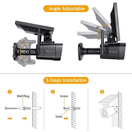 Techage SL669, Solar Battery Powered, Fake Security Camera, Dummy Cameras, Motion-Activated Floodlights, Realistic Look, Easy to Install, IP66 Waterproof, Warning Sticker Included, Pack of 2(Black)
