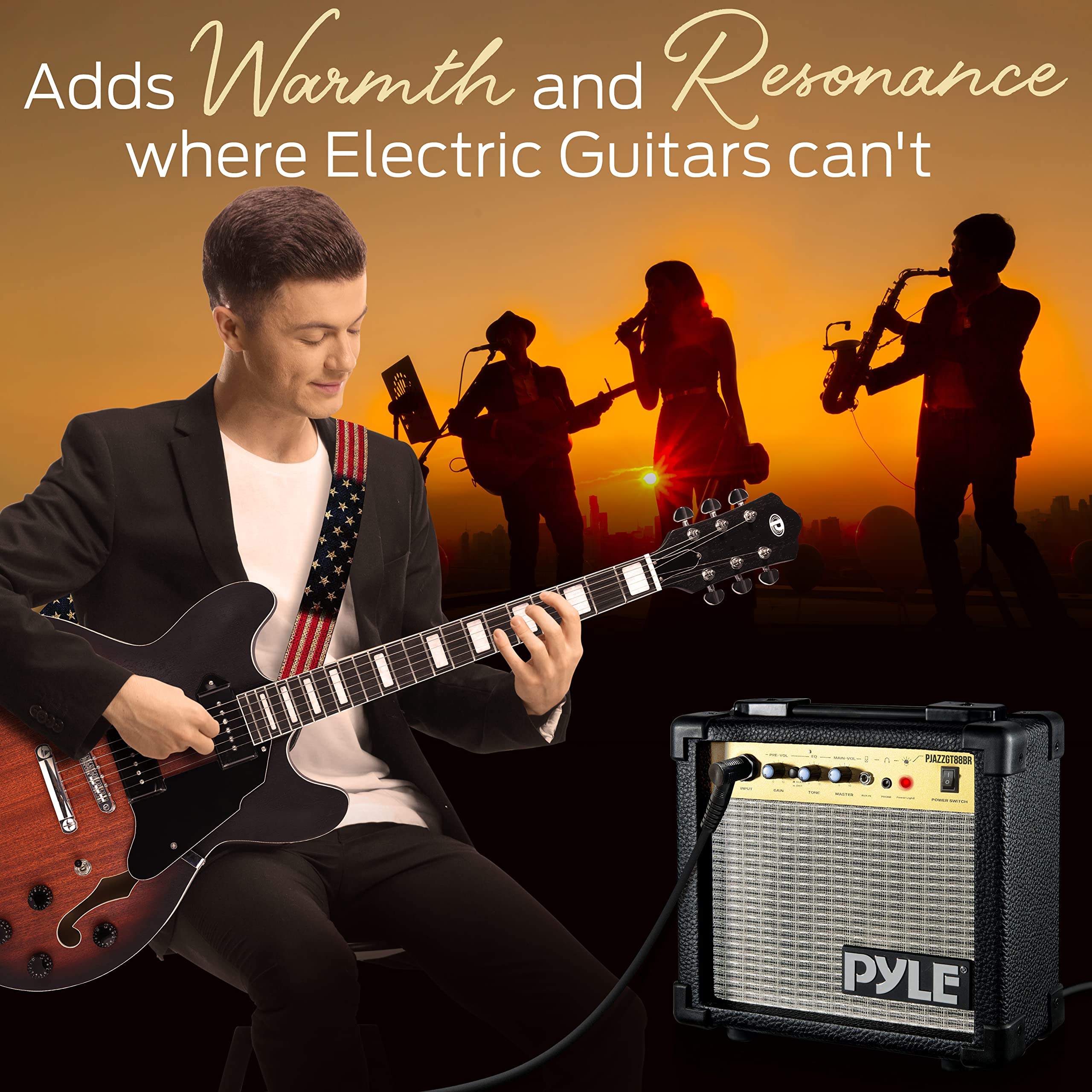 Pyle Semi Hollow Body Electric Guitar Set, 41.8β Full Size Jazz Instrument Kit w/ Gig Bag, Matte & Sunburst Finish