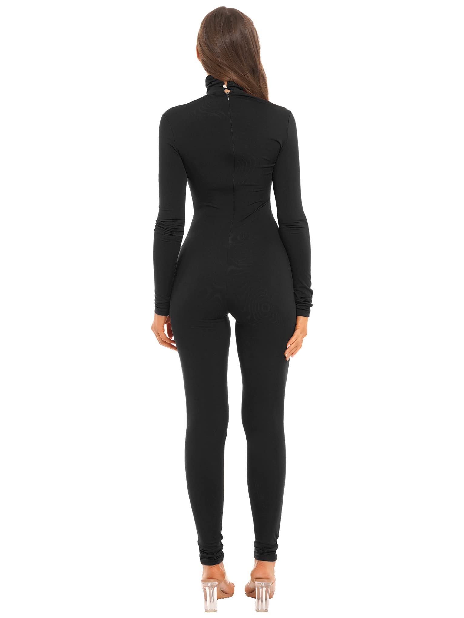 Mufeng Womens One Piece Turtleneck Long Sleeve Bodysuit Full Length Zip Back Jumpsuit Thermal Underwear Base Layer Black Medium