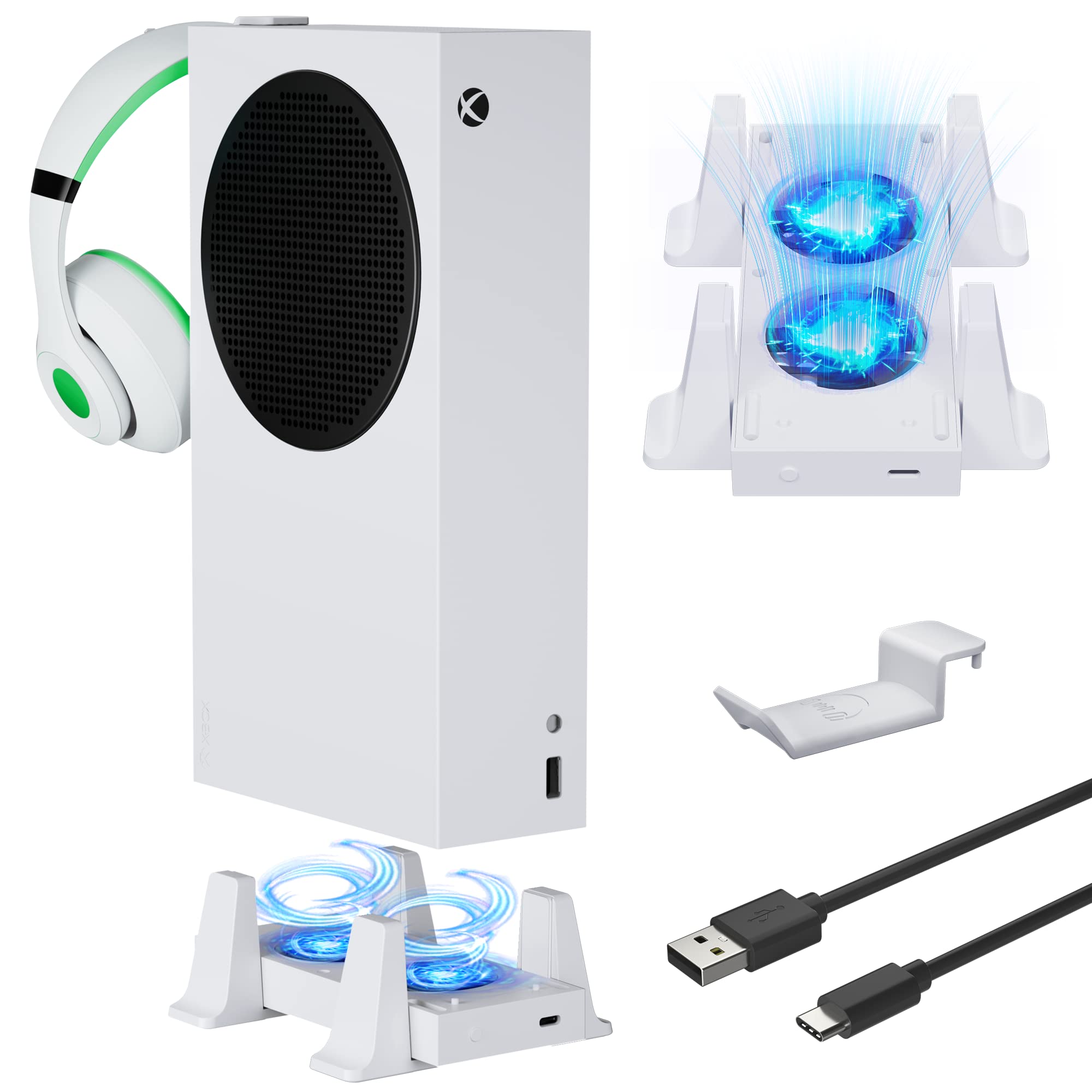 Narati Cooling Fan with Headset Holder for Xbox Series S, Dual Purpose Stand Fan Cooling Dock Station, High Speed Fan Cooler System, 3 Level Adjustable Speed & 2 Extra USB Ports(Only for Series S)