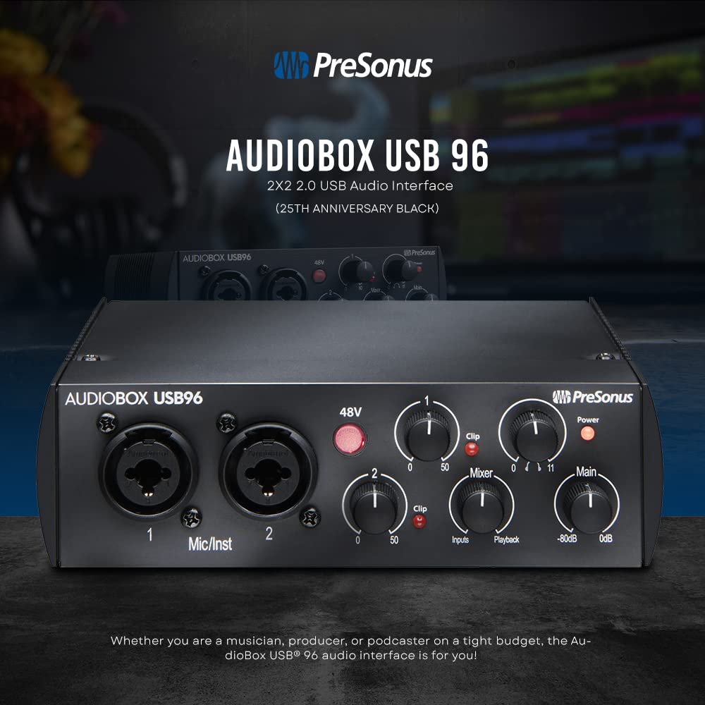 Presonus AudioBox 96 Ultra-Compact 2x2 Type-C USB Audio/MIDI Interface Bundle w/ Studio One Artist Software + Studio Magic plug-in Suite + Pro DJ Headphones + Pro Audio XLR Cables and more