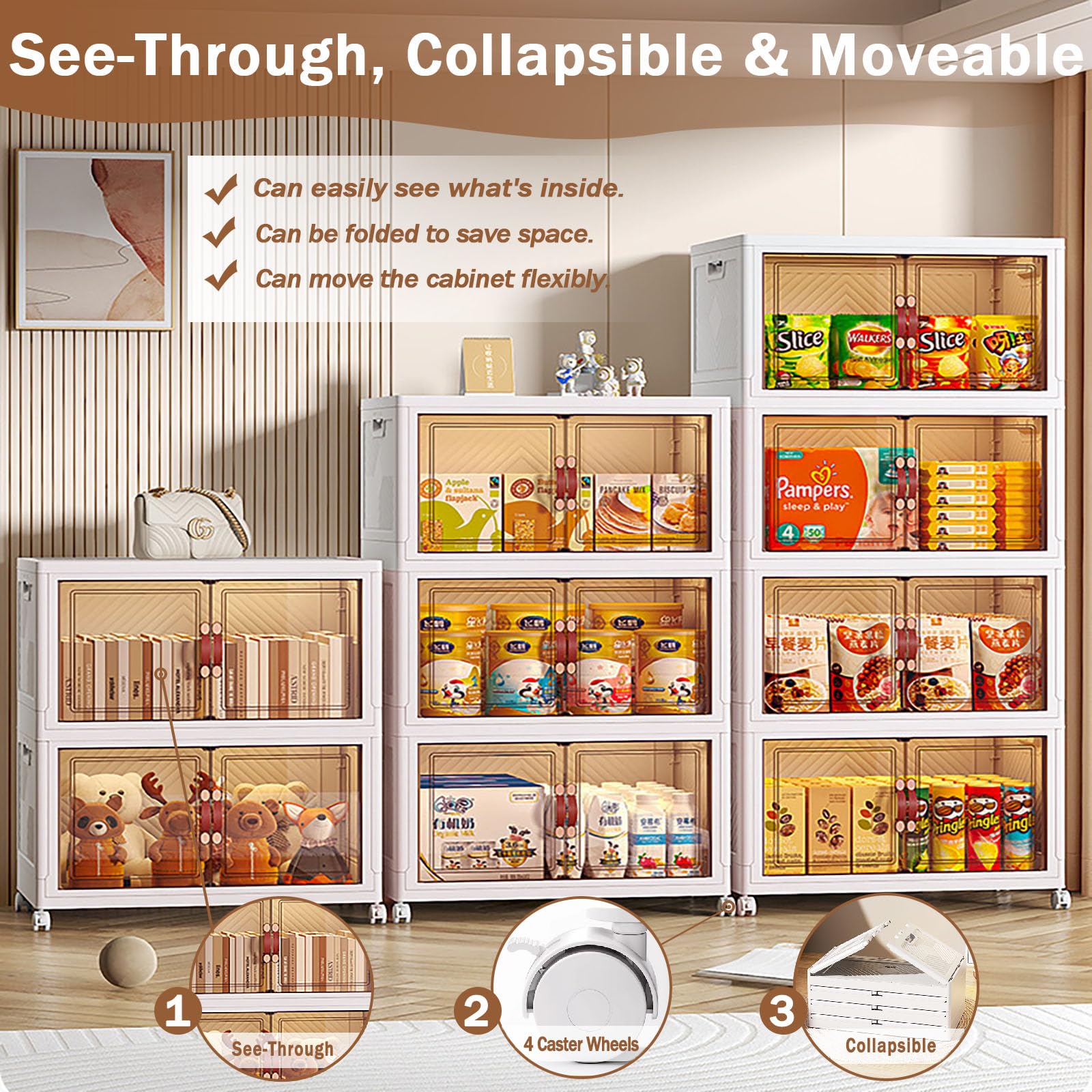 Jacriah Plastic Storage Bins, 4-Layer Foldable Storage Boxes with Doors for Closet Organizer, 16 Gallon Collapsible Storage Bin with Lid and Wheels, Stackable Storage Drawer, Storage Cabinet Container