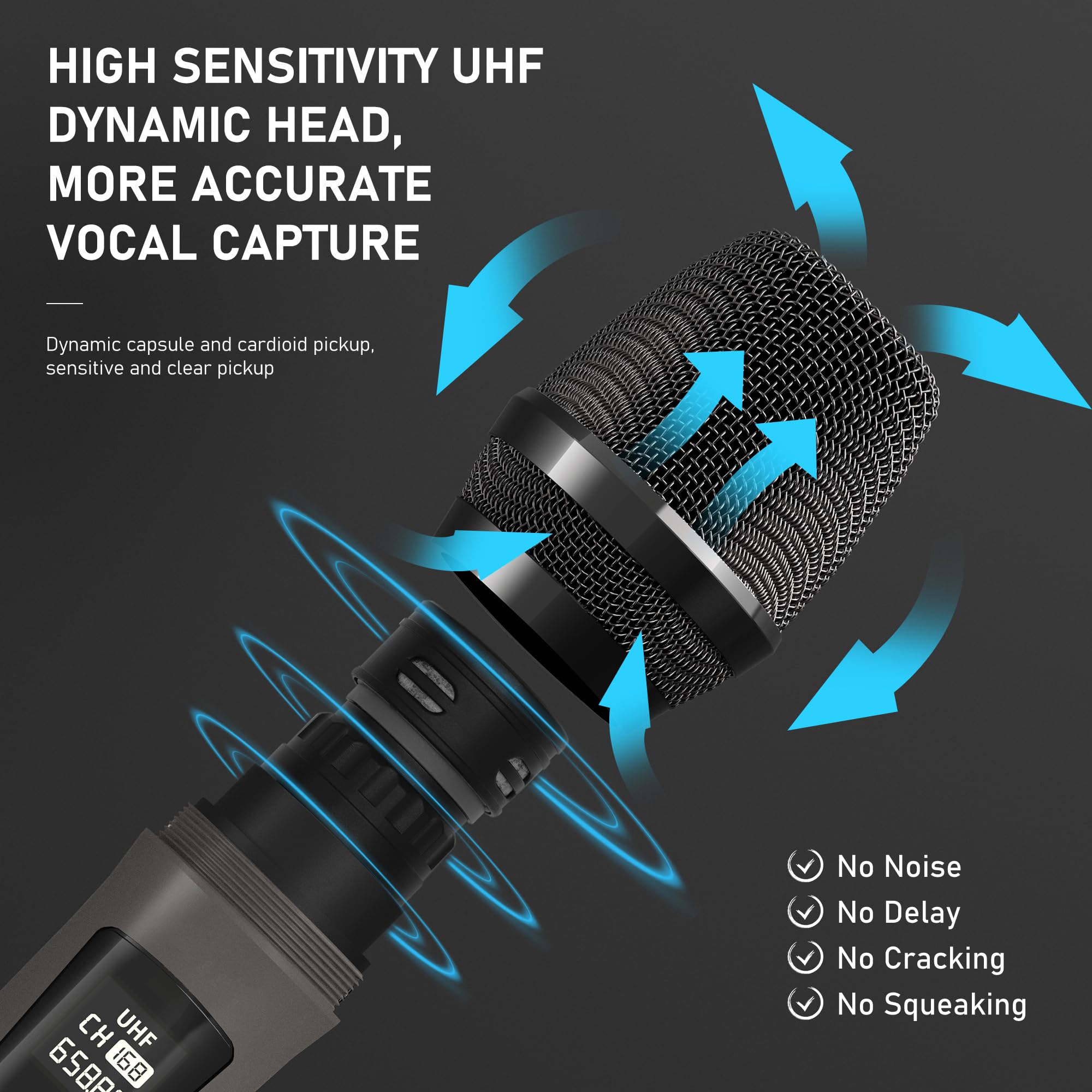 JYX Wireless Microphone, Dual UHF Metal Rechargeable Handheld Dynamic Cordless Mic, Karaoke Microphone with Receiver, 6.35mm (1/4") Output, 3.5mm (1/8") Adapter, 160 ft Range, for Party, DJ, Meeting