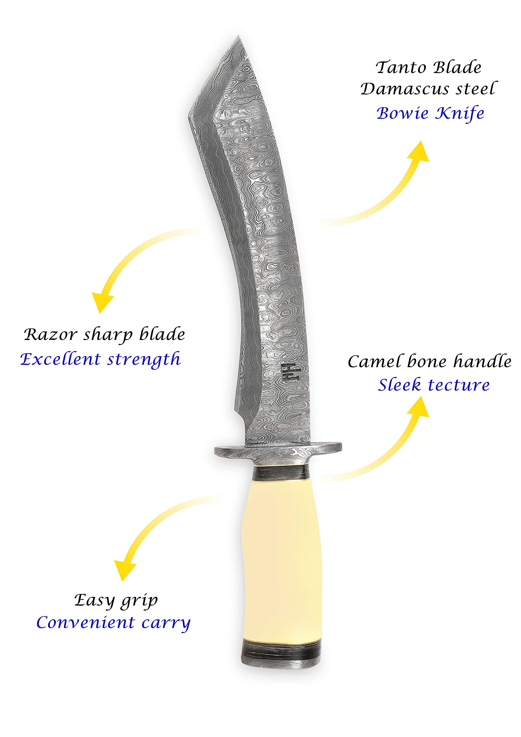 Hobby Hut HH-201, Custom Handmade 14 inch Damascus Steel Hunting Knife - Tantoo Blade - Camel Bone Handle - Leather Sheath