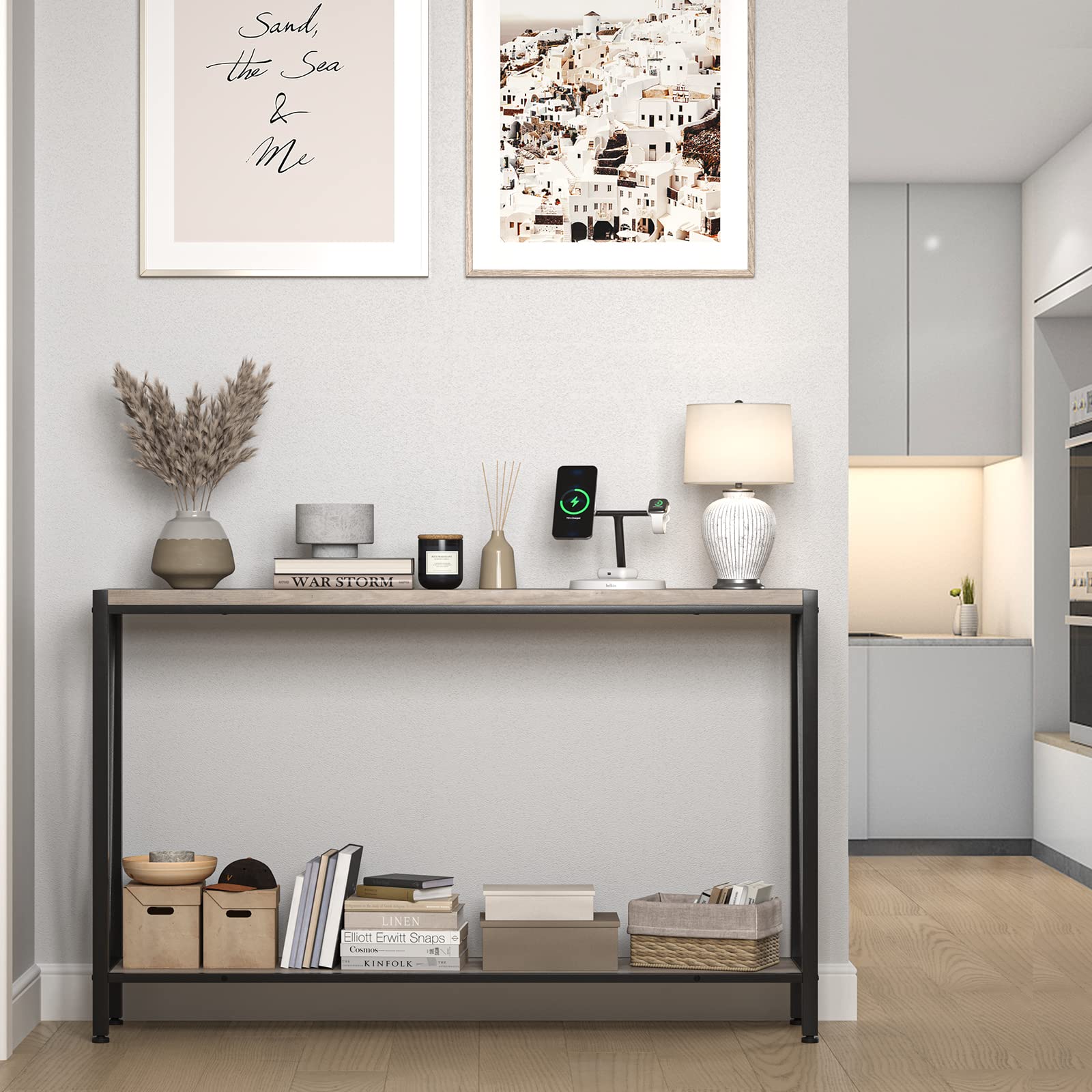 IDEALHOUSE Grey Console Table, 42.9" Entryway Table with Storage, Wood and Metal 2-Tier Narrow Long Sofa Table with Shelf, Behind Couch Table, Console Table for Entryway, Living Room, Hallway