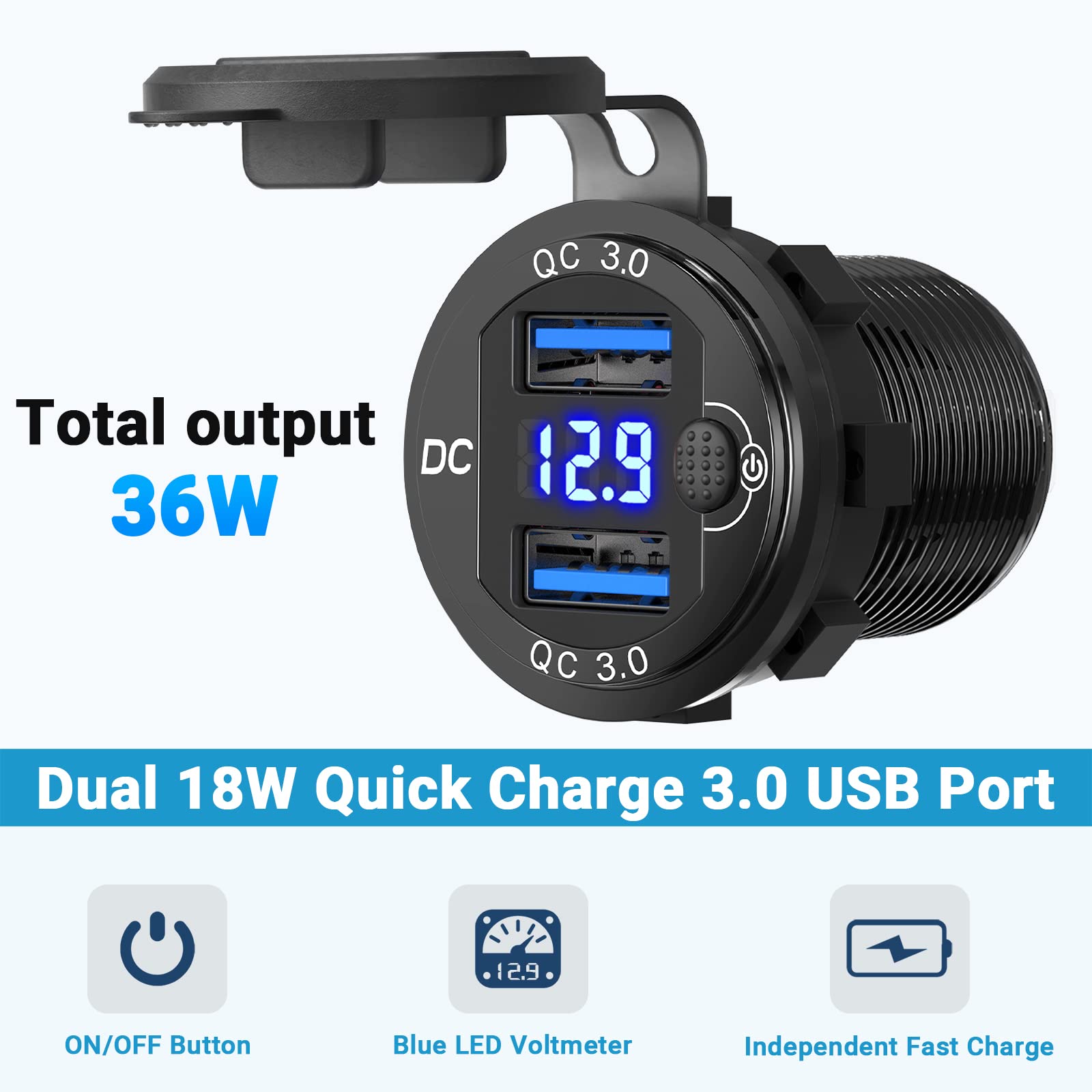 Ouffun 4 Gang Marine Boat Rocker Switch Panel, 12V Waterproof RV Led Switch Panel for for Car Truck RV Boat Aluminum Dual QC3.0 USB Charger Socket with LED Voltmeter Power Switch, 150W DC Power Socket