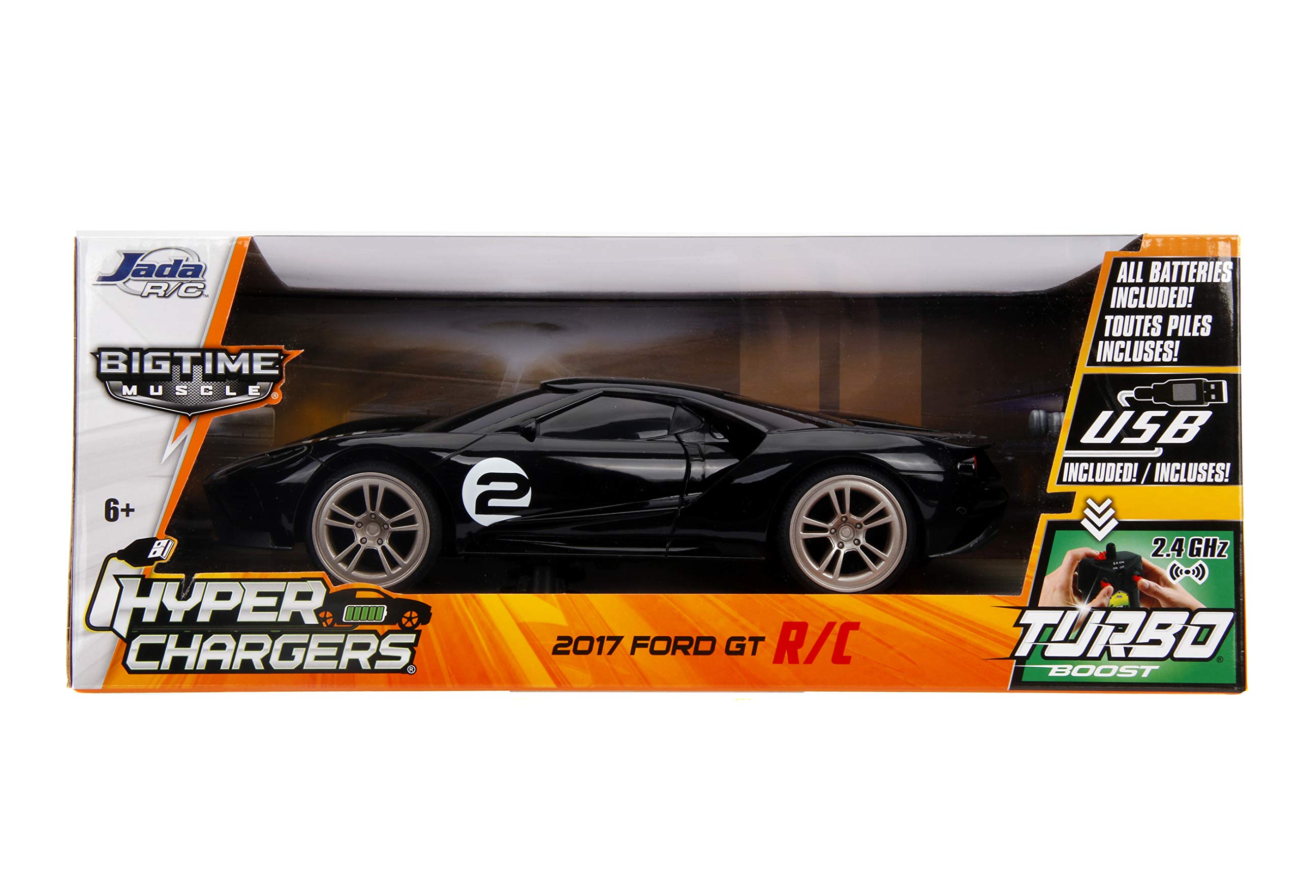 Jada Toys Bigtime Muscle 1:16 2017 Ford GT RC Remote Control Car 2.4 GHz Black/White Stripes, Toys for Kids and Adults, Glossy Black W/Stripes (30721)