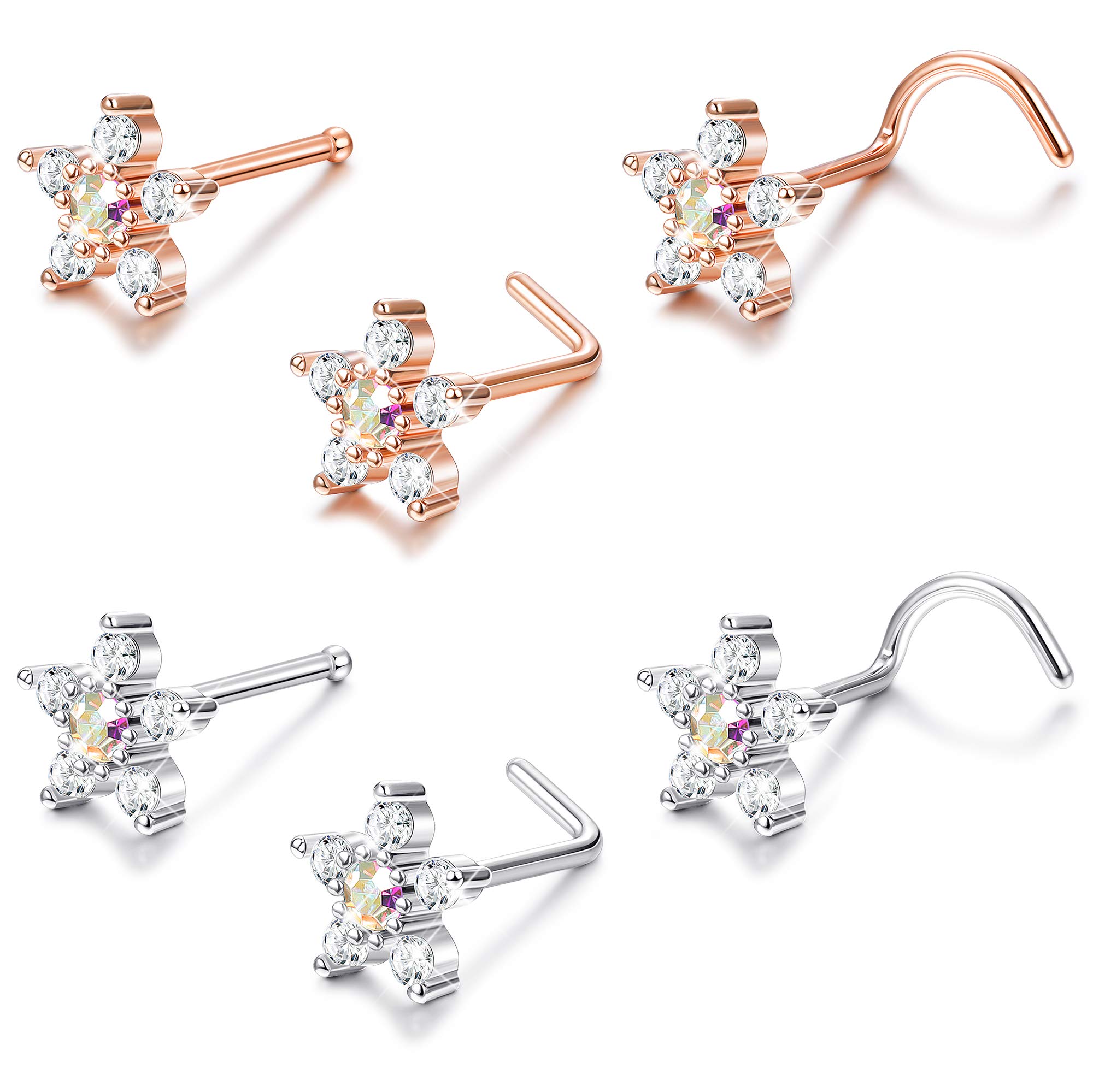 LOYALLOOK 6Pcs 20G Stainless Steel Silver/Rose Gold Flower Nose Rings Studs Piercing Body Jewelry Piercing CZ Inlaid
