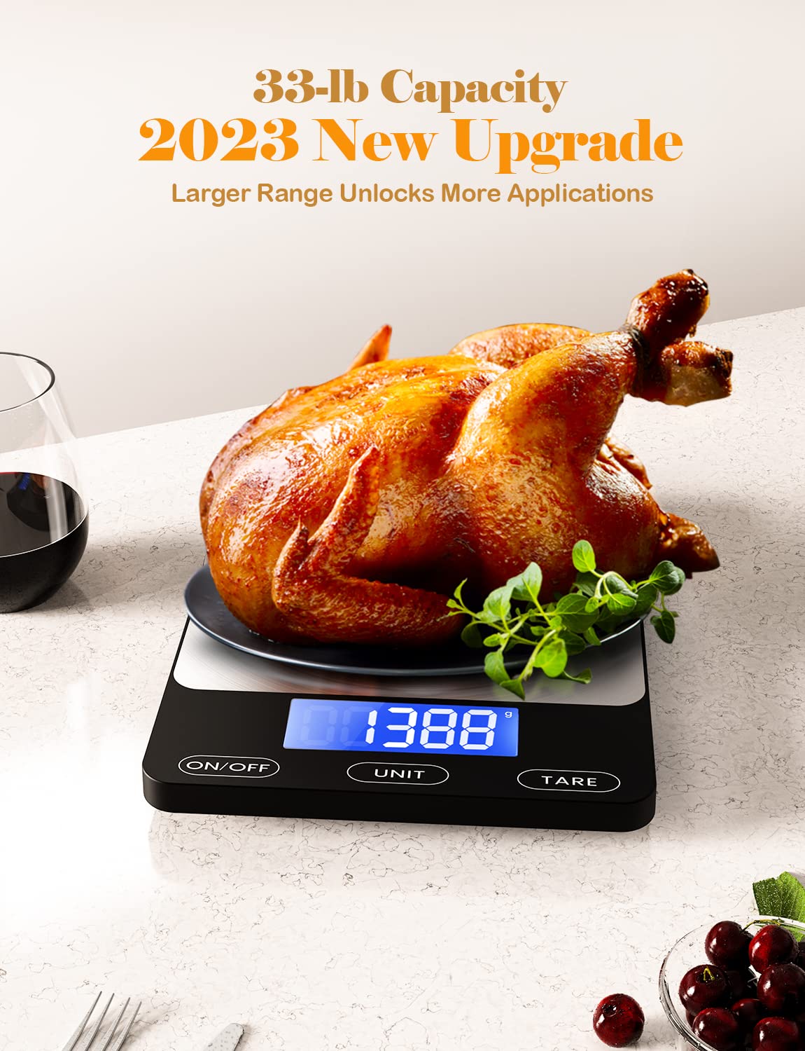 JSK 33lb Digital Food Scale, Rechargeable Kitchen Scale for Food Ounces and Grams, 304 Stainless Steel for Cooking Baking, Batteries and Type-C Charging Cable Included