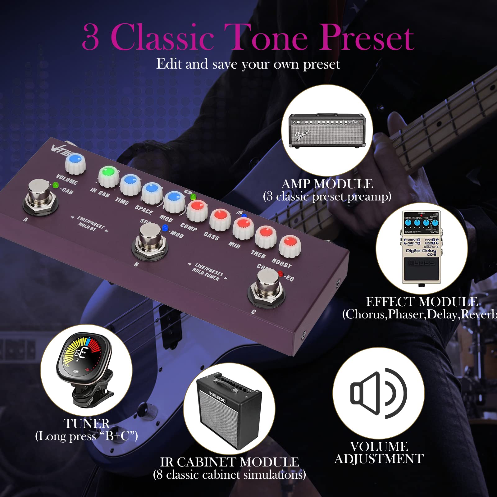 Pro Multi Electric Bass Effect Pedal,8 Classic Bass IR Cabinet Simulations, Real Time Function, 3 Sets Of Timbres, Chorus Phaser Delay and Reverb effect Pedal, BT Wireless Recording