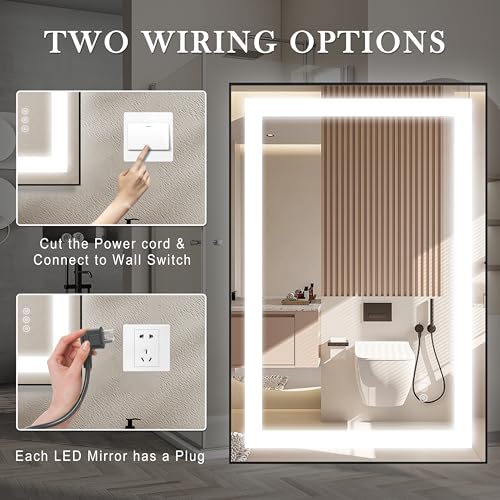 LifeSky LED Bathroom Mirror Framed - 36x24 Anti Fog LED Wall Mounted Lighted Bathroom Mirror - Front Lit Dimmable LED Vanity Mirror Black