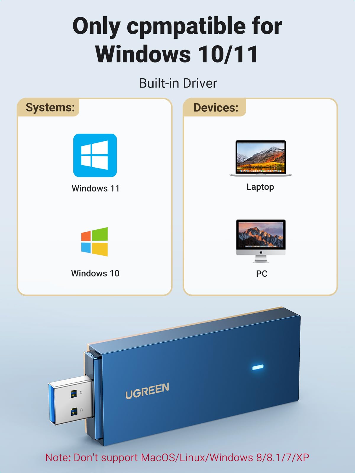 UGREEN USB WiFi 6 Adapter, AX1800 1800Mbps WiFi Adapter for PC Laptop, 5G 2.4G Dual Band WiFi Dongle, USB 3.0 Wireless Network Adapter, Bulit-in Driver for Windows 10/11