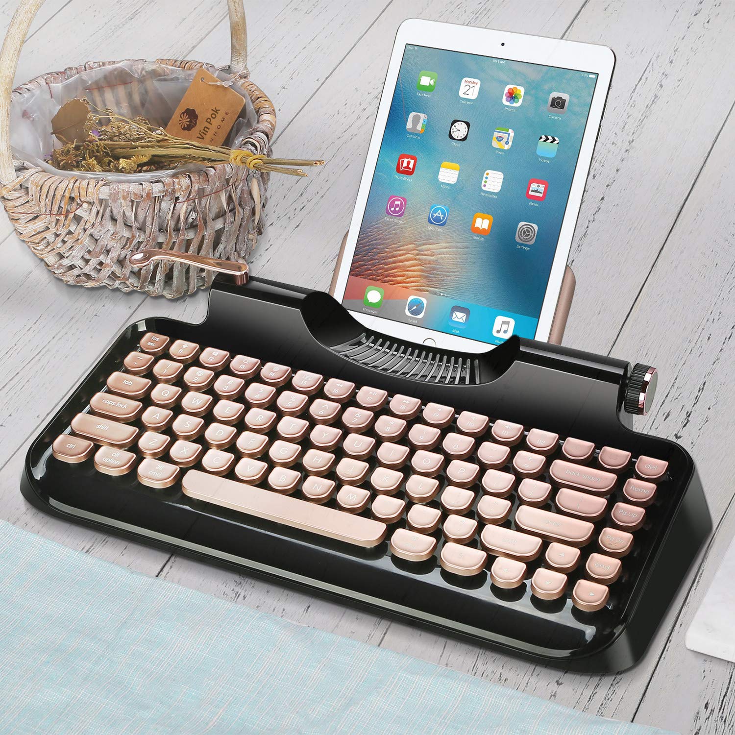 KNEWKEY RYMEK Typewriter Style Mechanical Wired & Wireless Keyboard with Tablet Stand, Bluetooth Connection(Black)