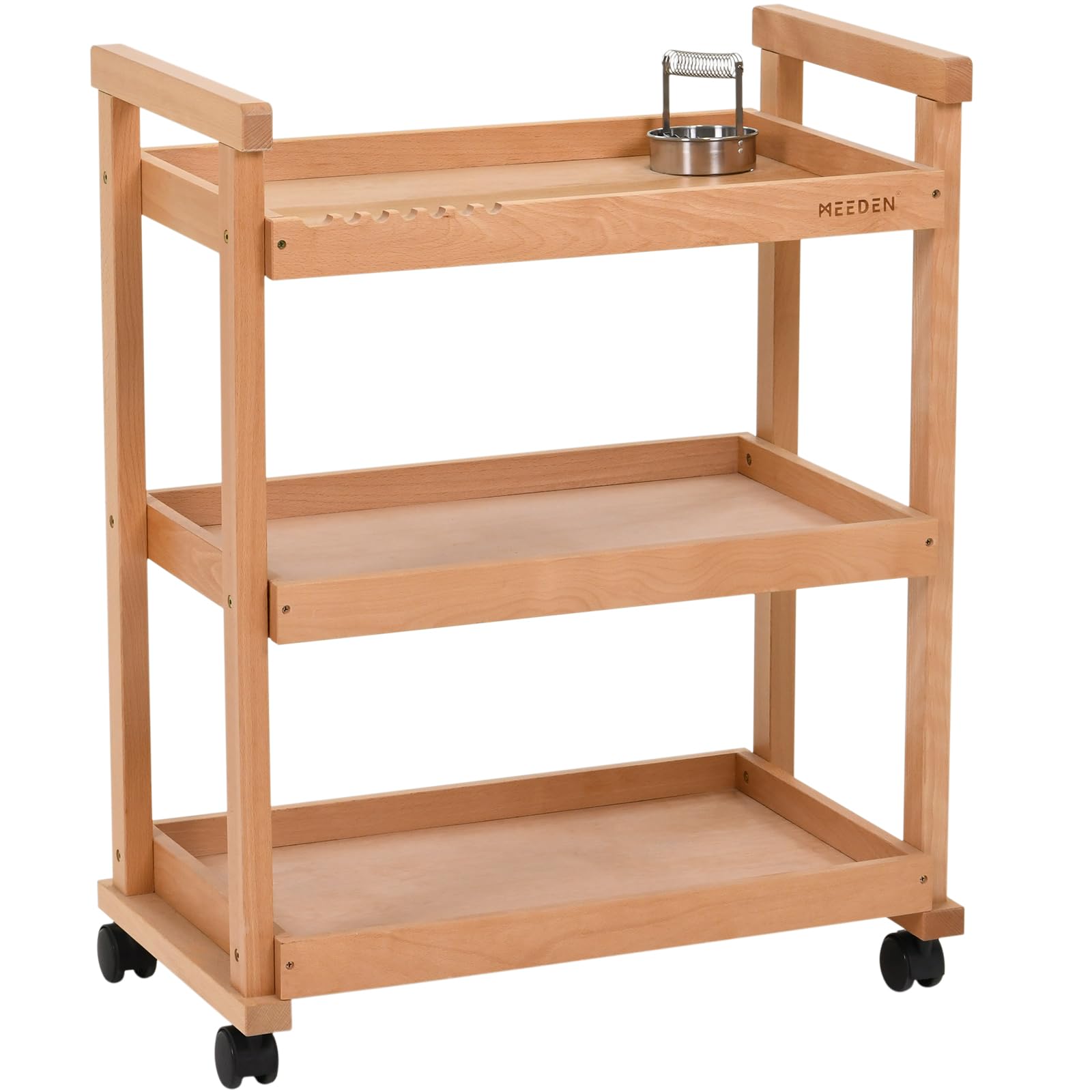 MEEDEN Art Supplies Cart, Walnut 3-Tier Multifunctional Art Storage Cart Organizer, Solid Beech Wood Studio Cart Art Taboret with Caster Wheels, Rolling Utility Cart Organizer for Artist