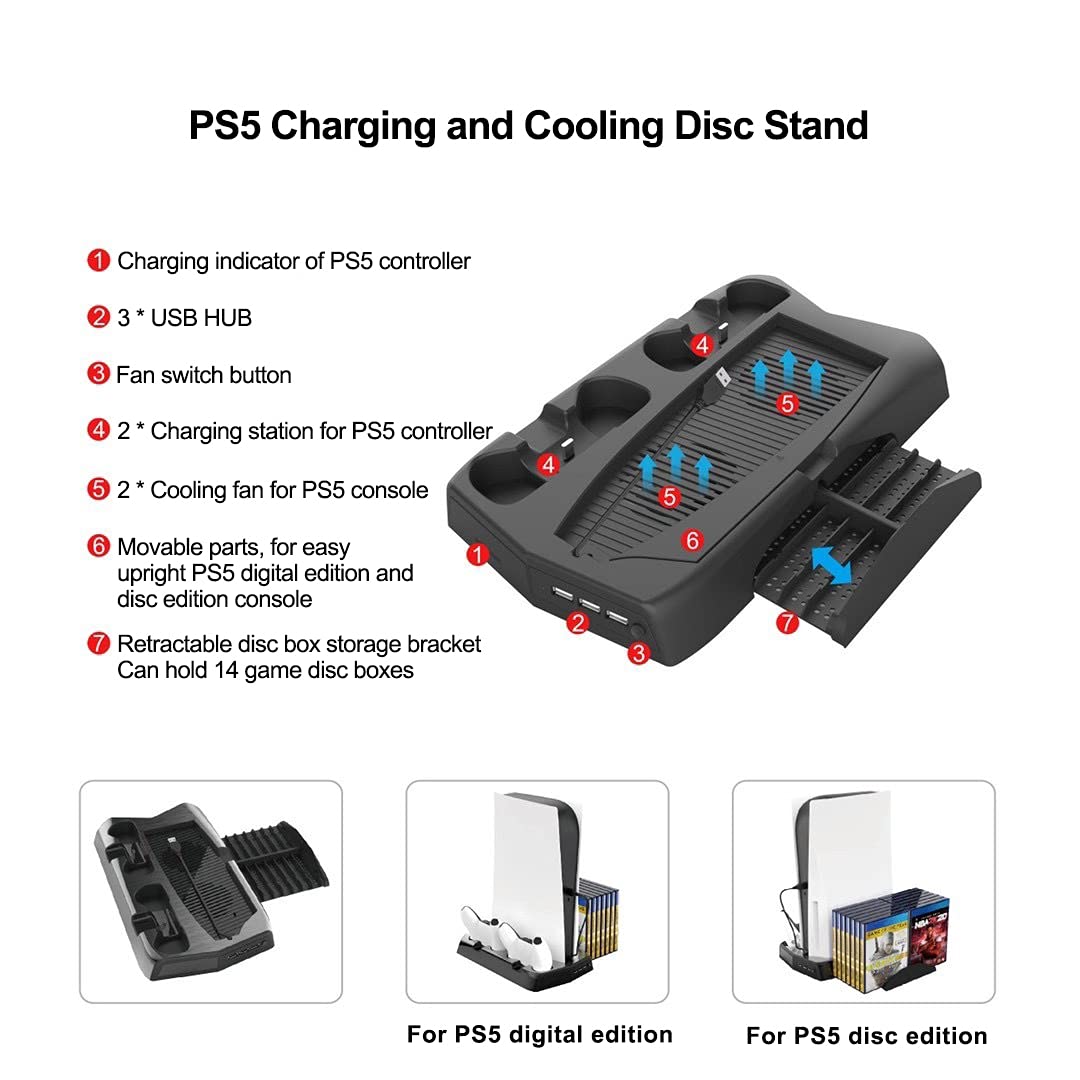 KJH-P5-010-2 PS5 Cooling Fan Station and Dual Controller Charger Station for Playstation 5 PS5 Console, LED Indicator + 16 Game Storage disc Holders, 3 USB Ports
