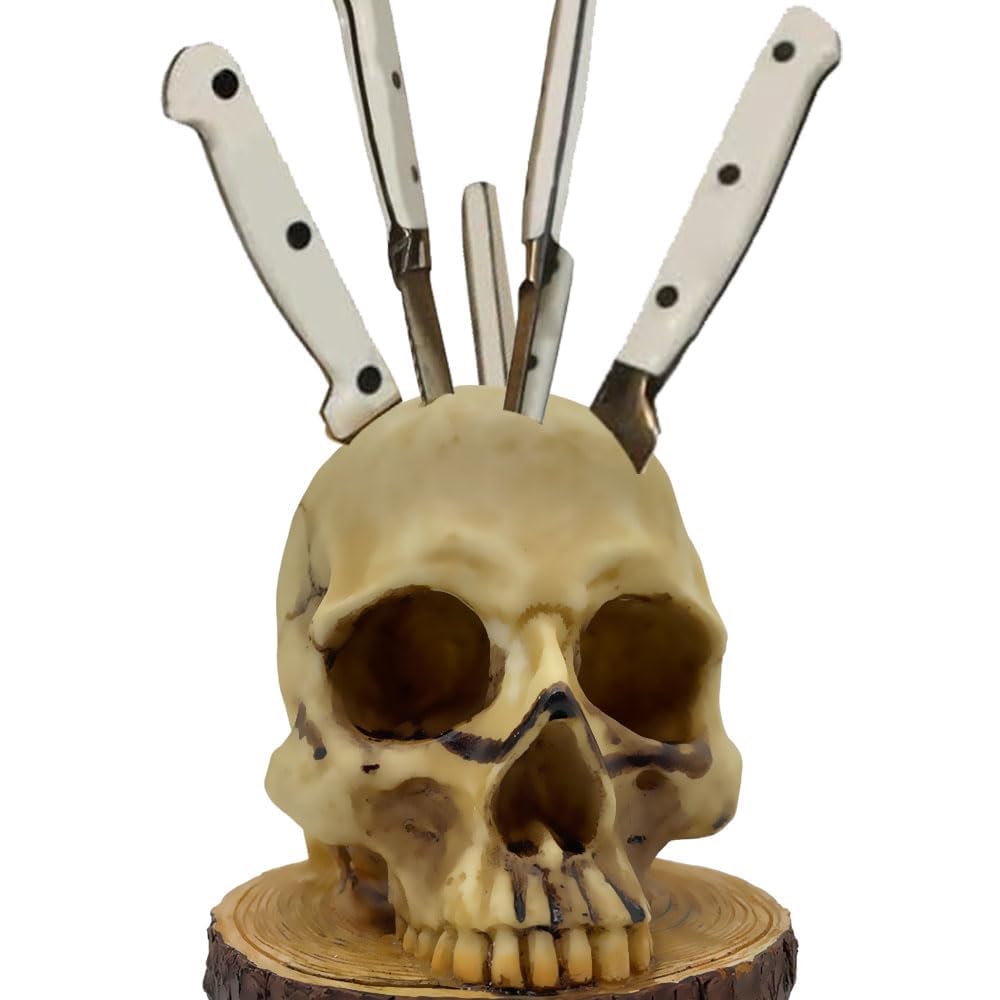 Skull Knife Holder For Kitchen Storage, Skeleton Knife Stand,Scary Party Fruit Storage Rack Decor Horror Kitchen Storage Head Rack Kitchen Halloween Resin Skull Ornaments For Decorative Gifts (5.9'')