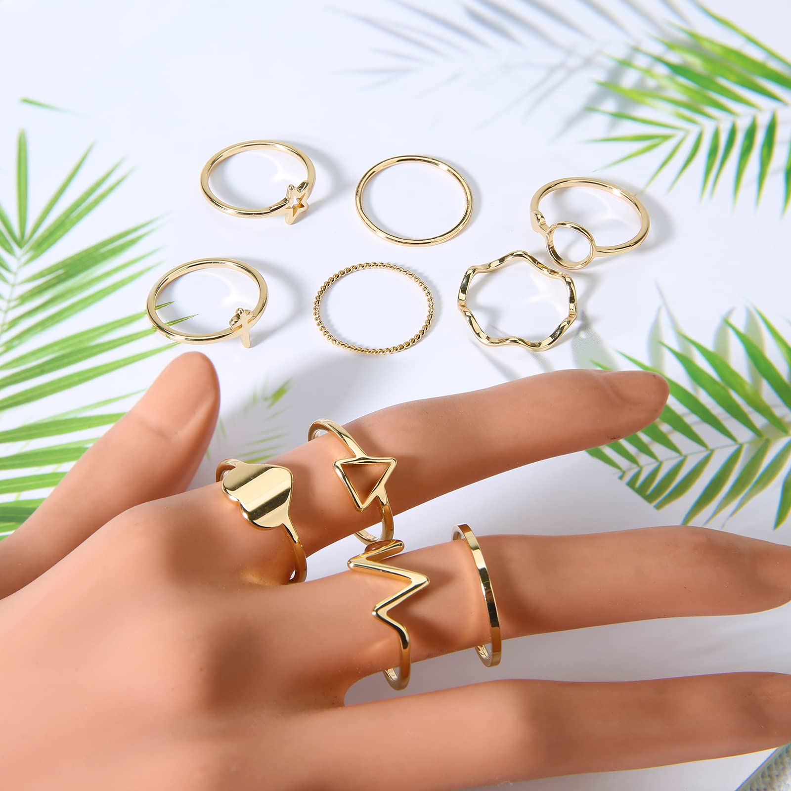 MJust 10PCS 14K Gold/Silver Plated Stacking Ring Set for Women Dainty Thumb Stackable Rings Gold Heart Statement Rings Plain Band Size 5-9 (Gold Tone, 8)
