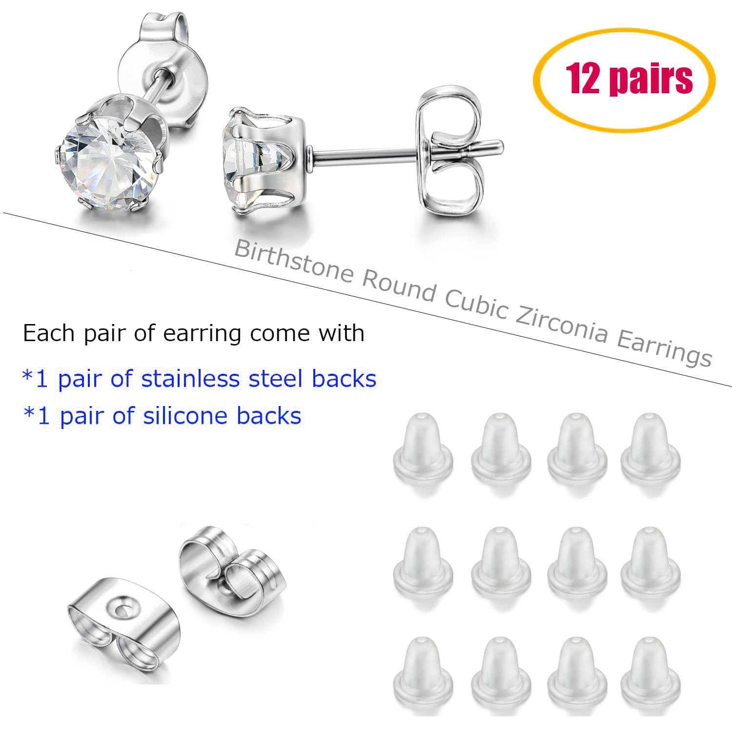 Jstyle Hypoallergenic Stud Earrings for Women Men Surgical Stainless Steel Birthstone Earrings Studs Colorful Cubic Zirconia Earrings Set Womens small Stud Post Earrings for Sensitive Ears