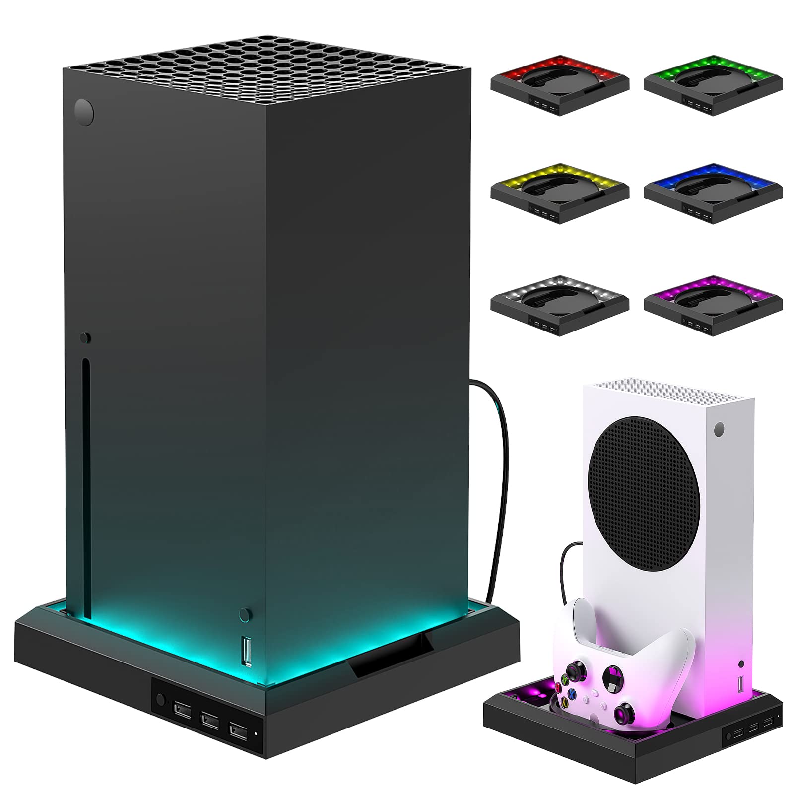 RGB LED Light Stand for Xbox Series X with 3 Extra USB Port, YUANHOT 7 Colors 10 Effects Vertical LED Stand Compatible with Xbox Series X/S Console