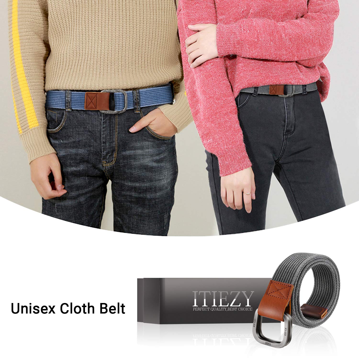 ITIEZY Mens Canvas Belts, Cloth Fabric Web Belt 1 1/2" for Casual Jeans, Double D Ring Adjustable Belt Grey for Men & Women